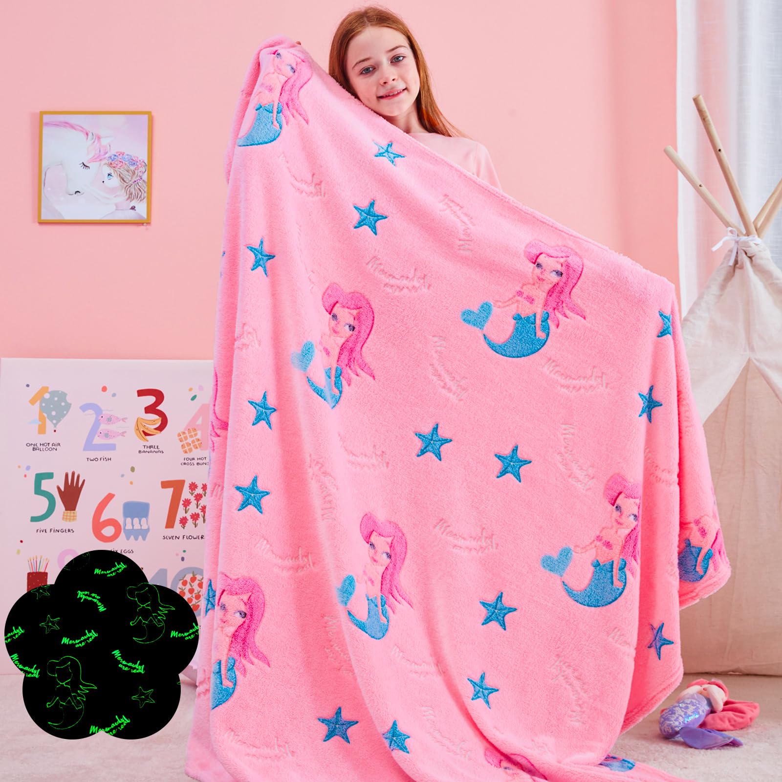 Amazon.com: QSTEHEML Mermaid Glow in The Dark Blanket for Girls,Mermaid ...