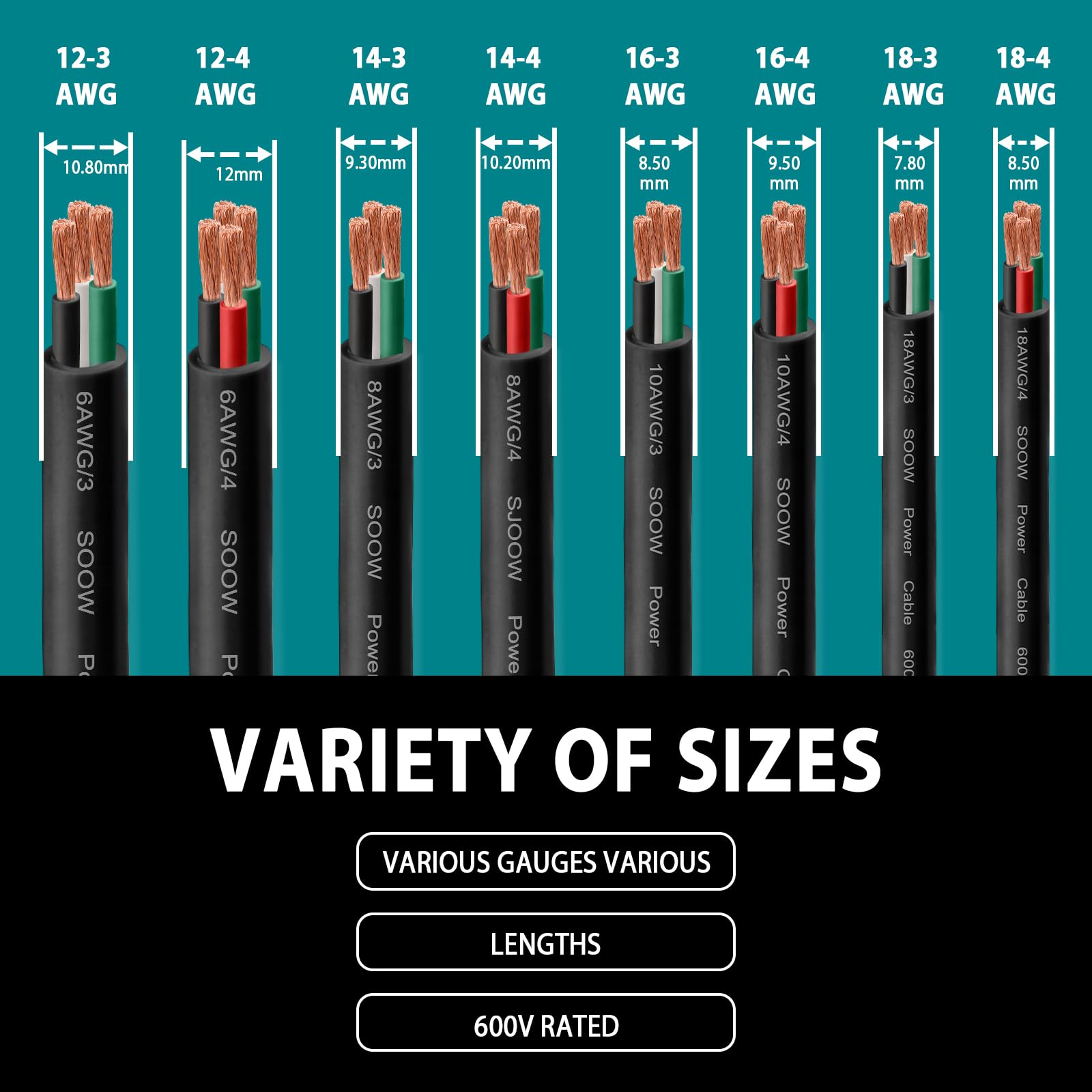 Snapklik.com : 14/4 SOOW Wire 50FT, 14 AWG 600V SOOW Bulk Cable, 14 ...