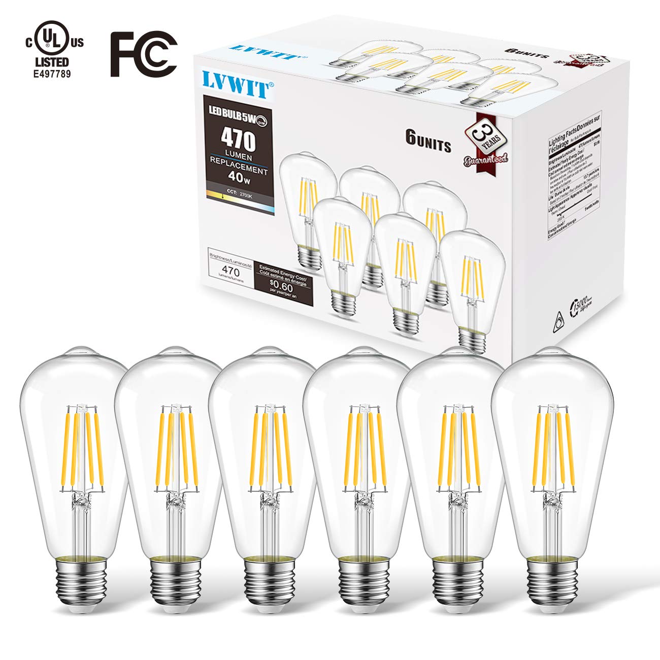 LVWIT ST21 LED Filament Bulb 5W(40 Watt Equivalent) Dimmable 2700K Warm ...