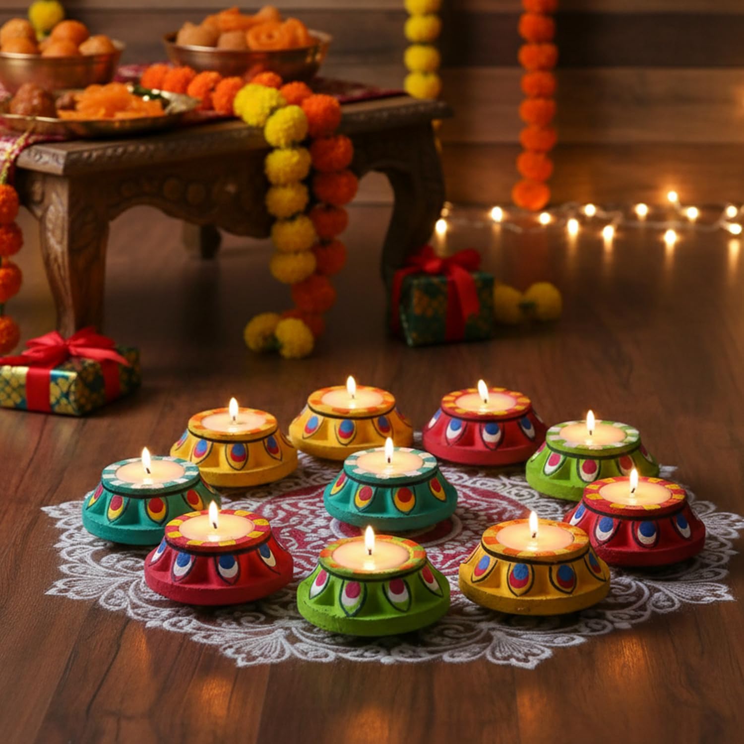 TIED RIBBONS 12 pcs Handmade Clay Diya for Diwali, Wax Filled ...