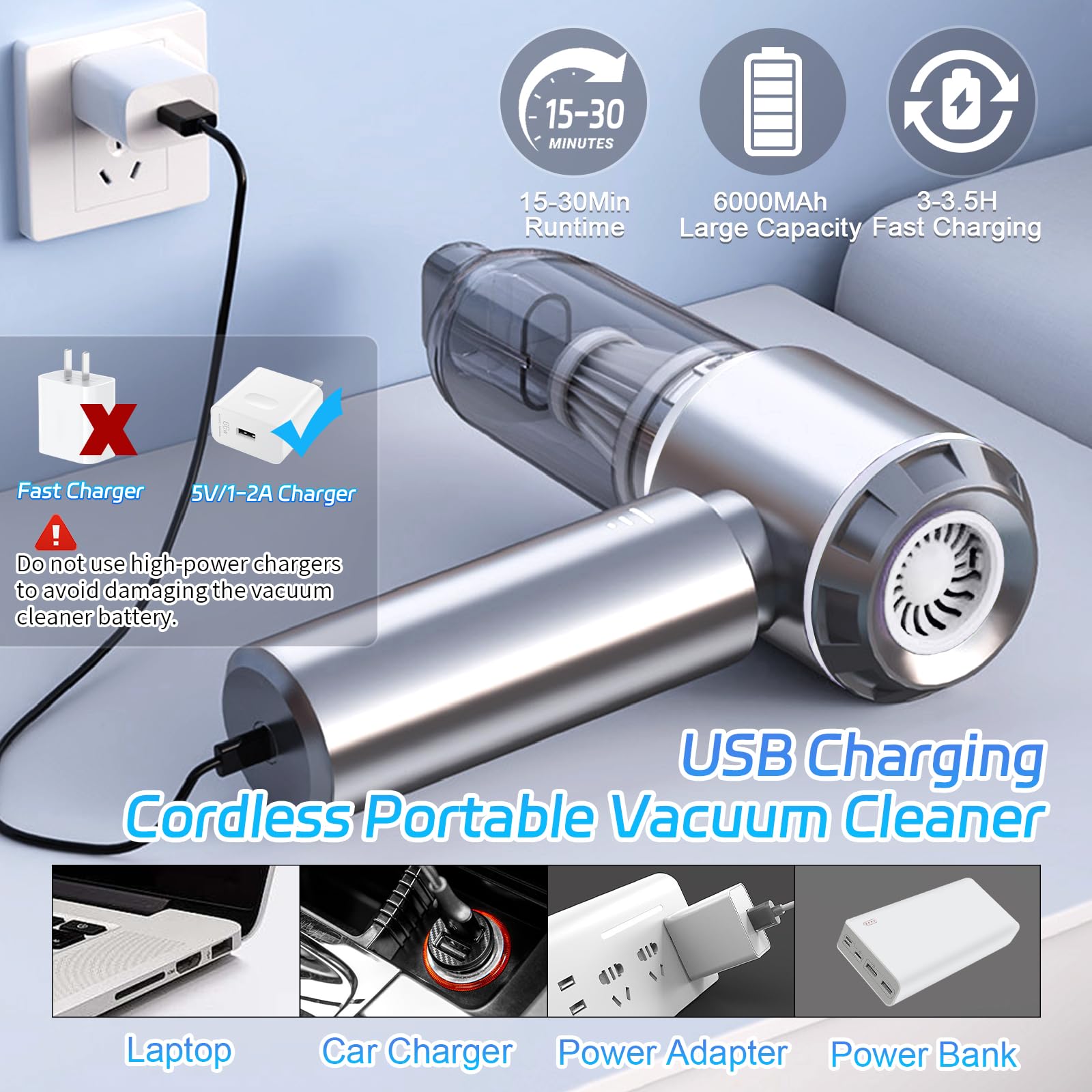 Snapklik.com : Portable Cordless 15000PA 3 Speed 4 In 1 Handheld Vacuum