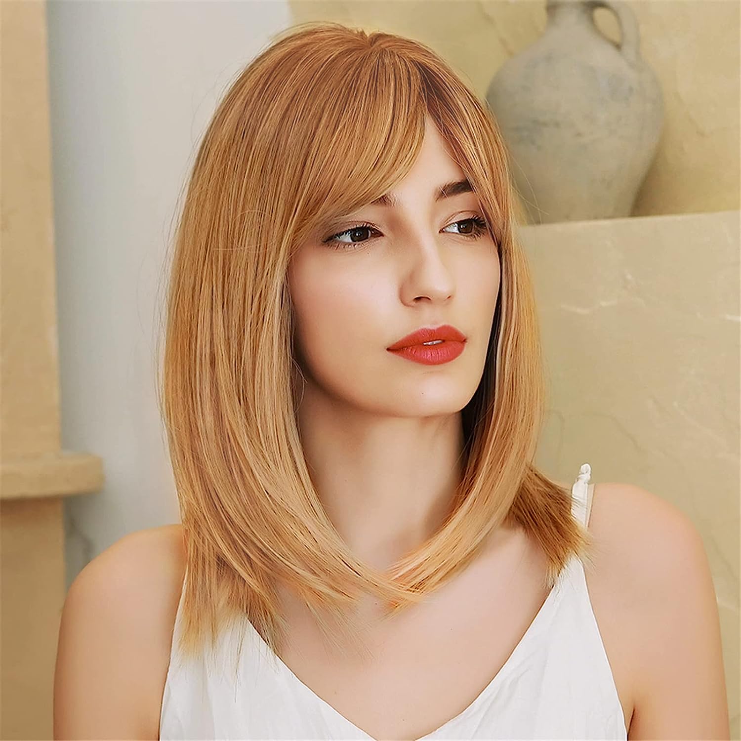 Amazon.com : Creamily 14 Inch Short Blonde Straight Bob Wigs for Women ...