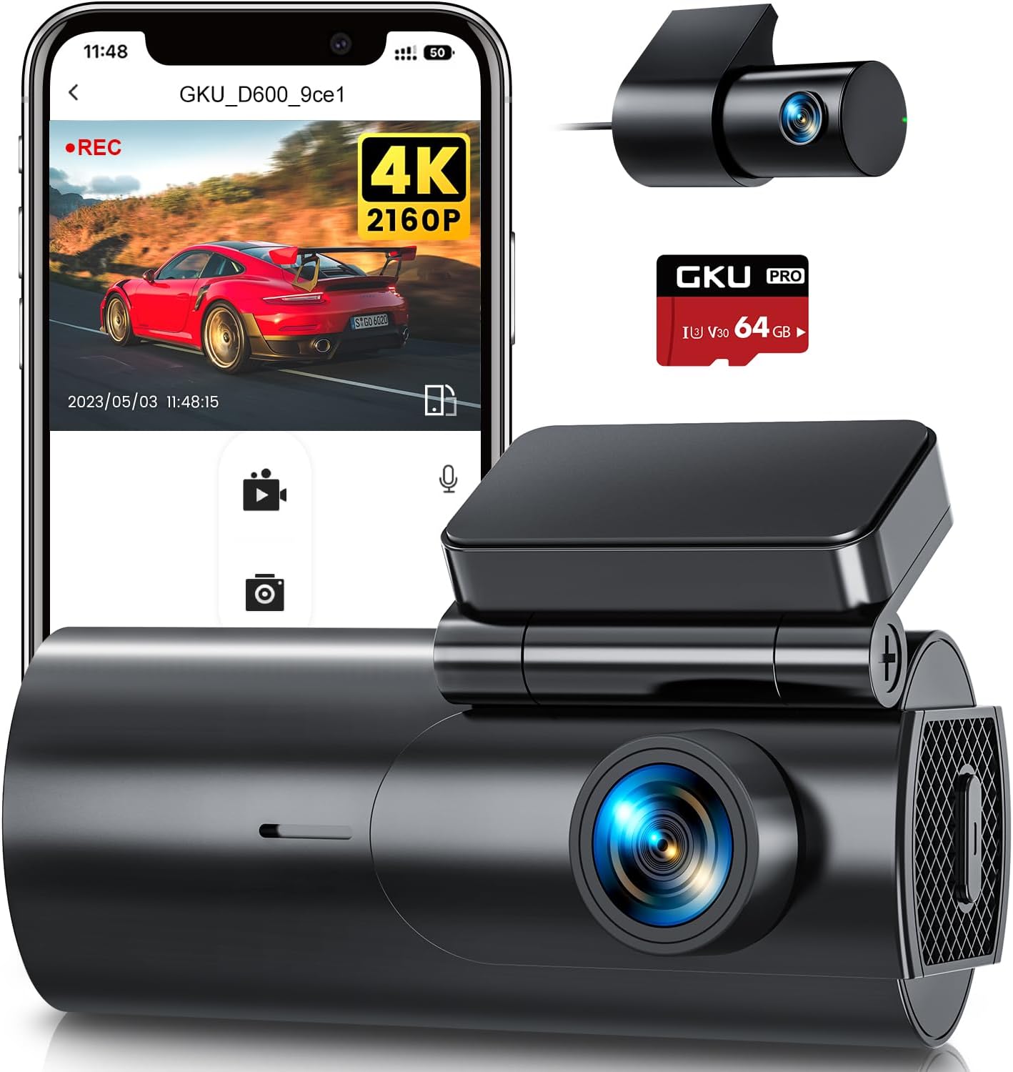 GKU 4K Dash Cam Front and Rear, 5GHz WiFi Dashcam with 64GB SD Card ...