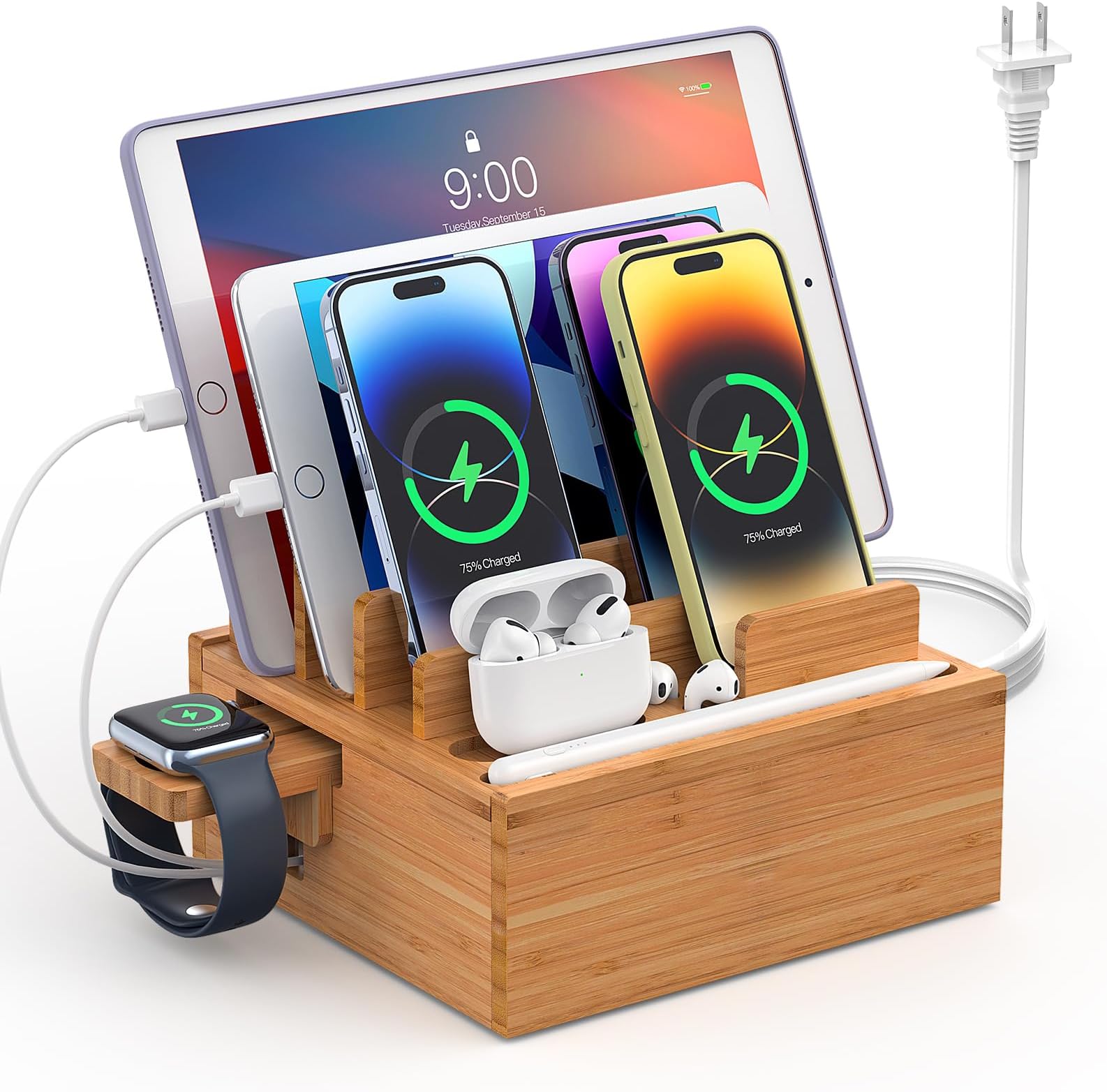 Amazon.com: Pezin & Hulin Bamboo Charging Station Holder with 5 Port ...