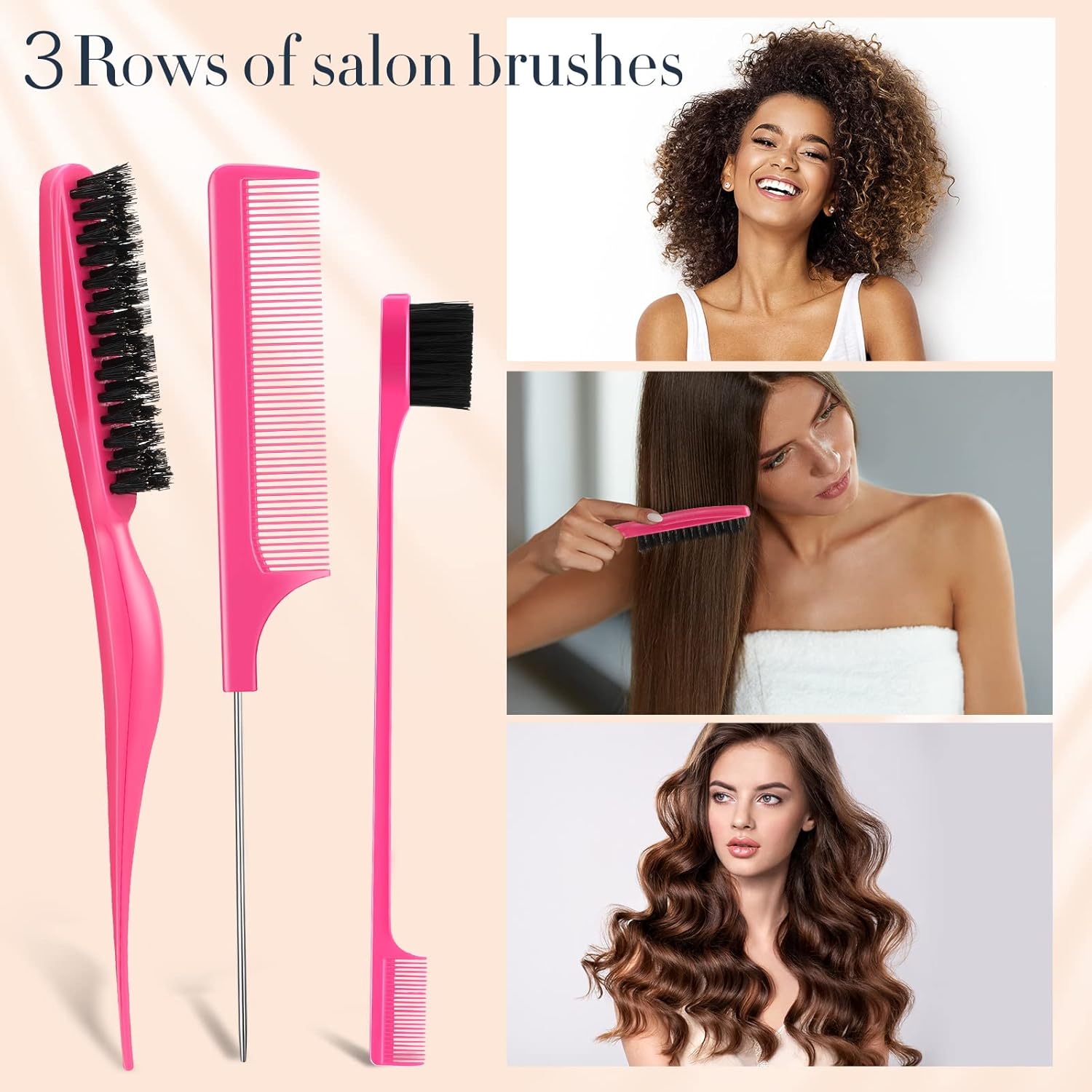 3 Pcs Hair Styling Comb Set 3 Row Salon Teasing Hair Brush Edge Brush ...