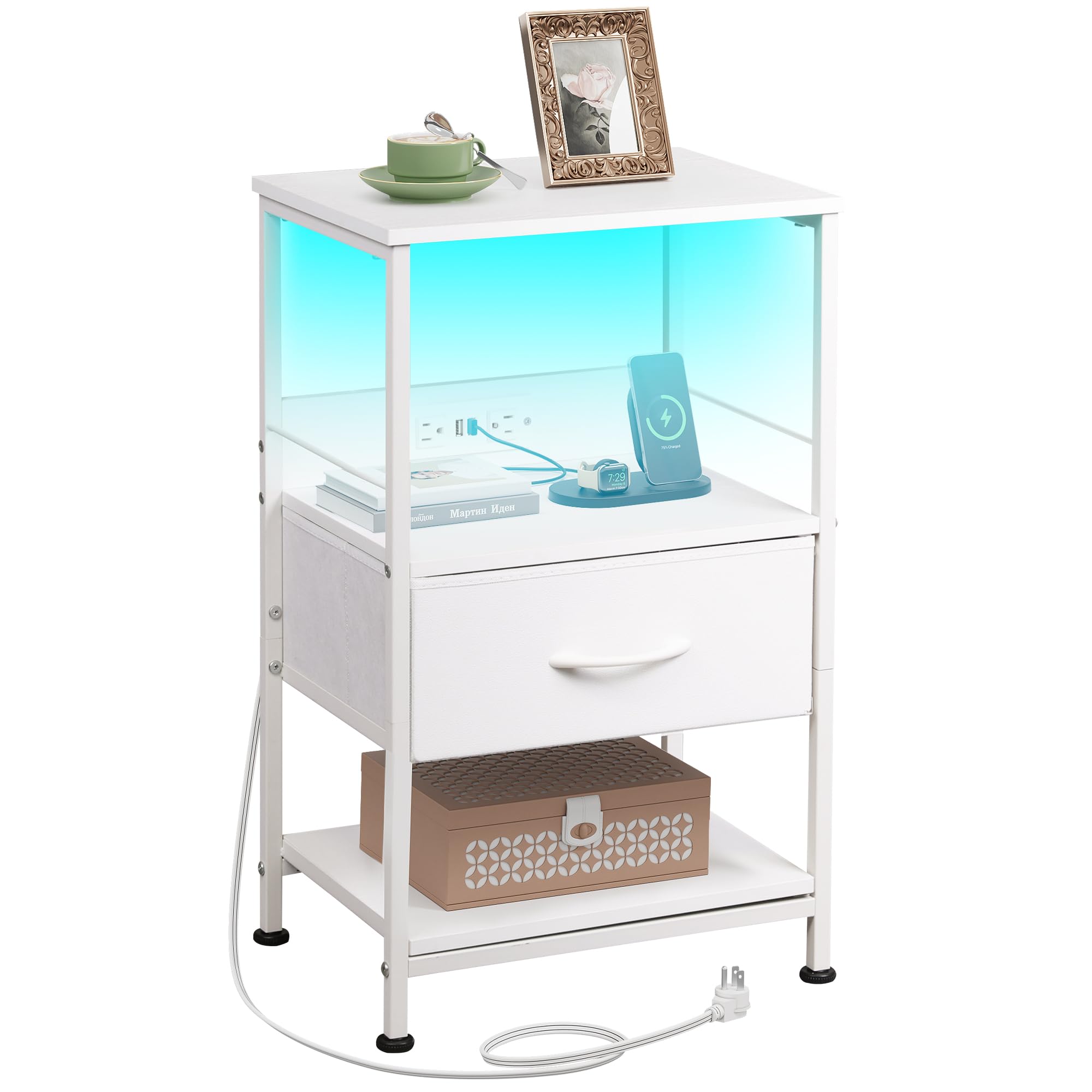 Amazon.com: WLIVE White Night Stand with Charging Station, LED ...