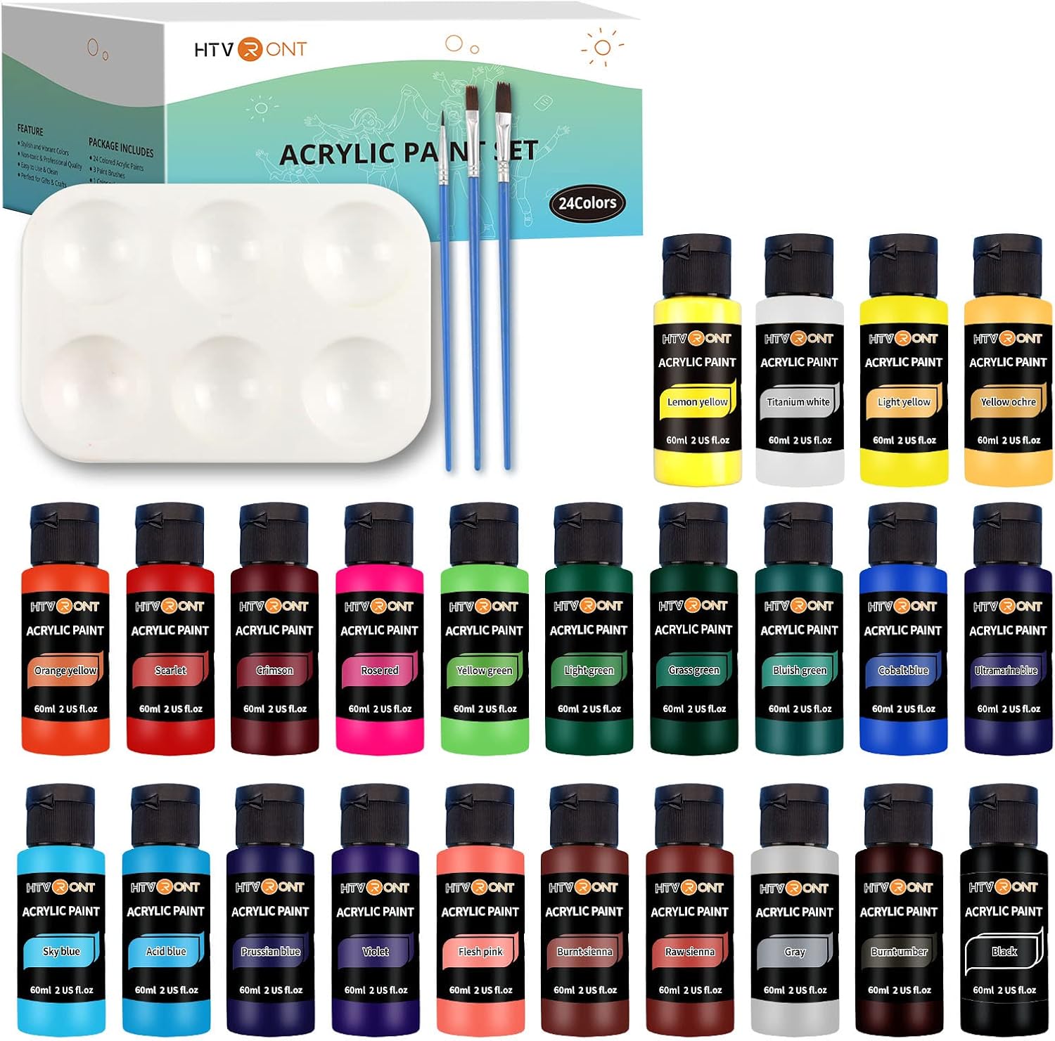 Amazon.com: HTVRONT Acrylic Paint Set of 24 Colors (60 ml), Acrylic ...