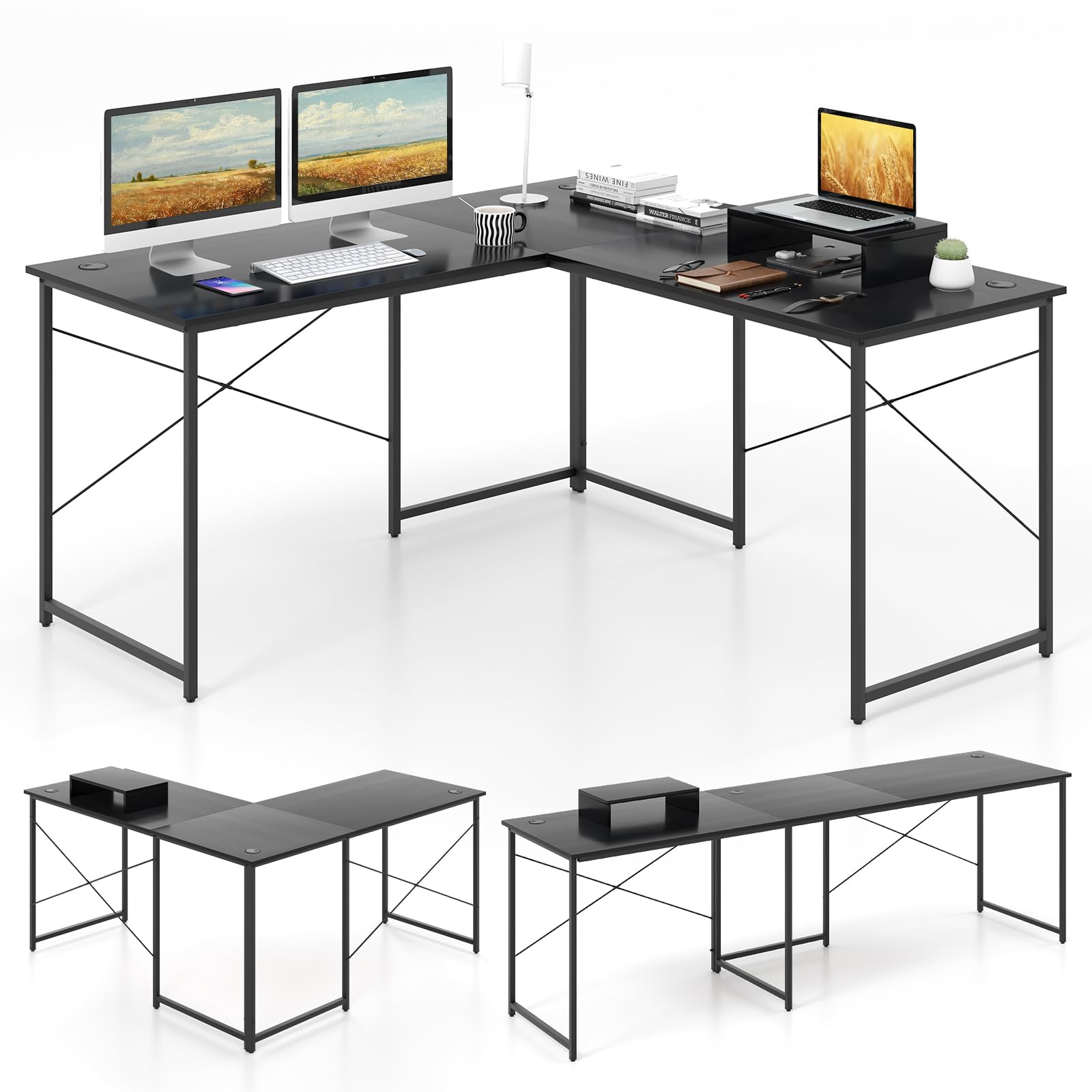 SFAREST 2-in-1 L-Shaped Computer Desk, 150 x 150cm Wooden Gaming Corner ...