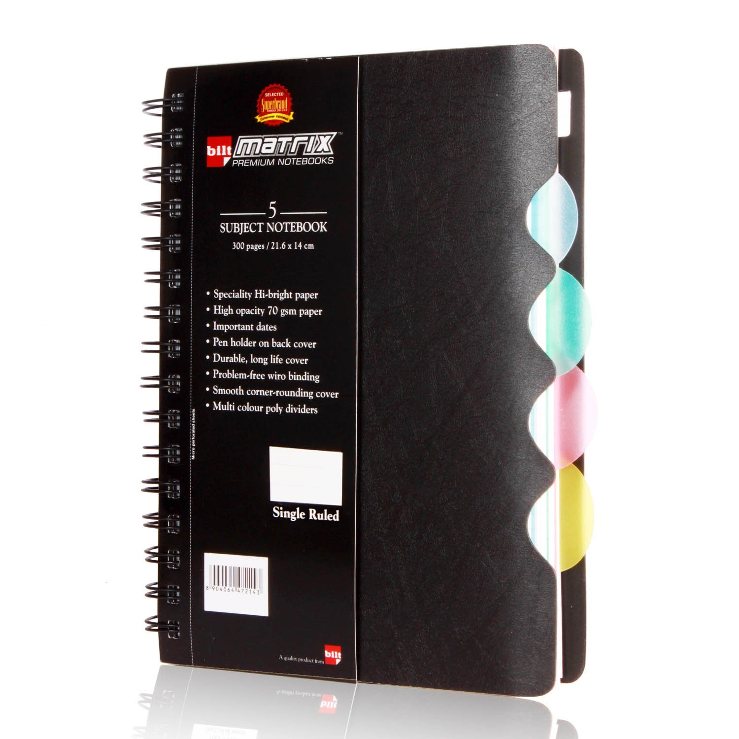 BILT Matrix Premium 5 Subject Notebook - A5, 70 GSM, 300 pages, Single ...
