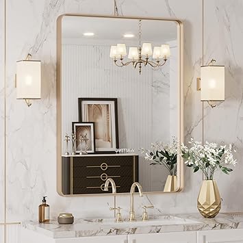 Amazon.com: LOAAO 24”X32” Gold Bathroom Mirror, Rounded Rectangle Gold ...
