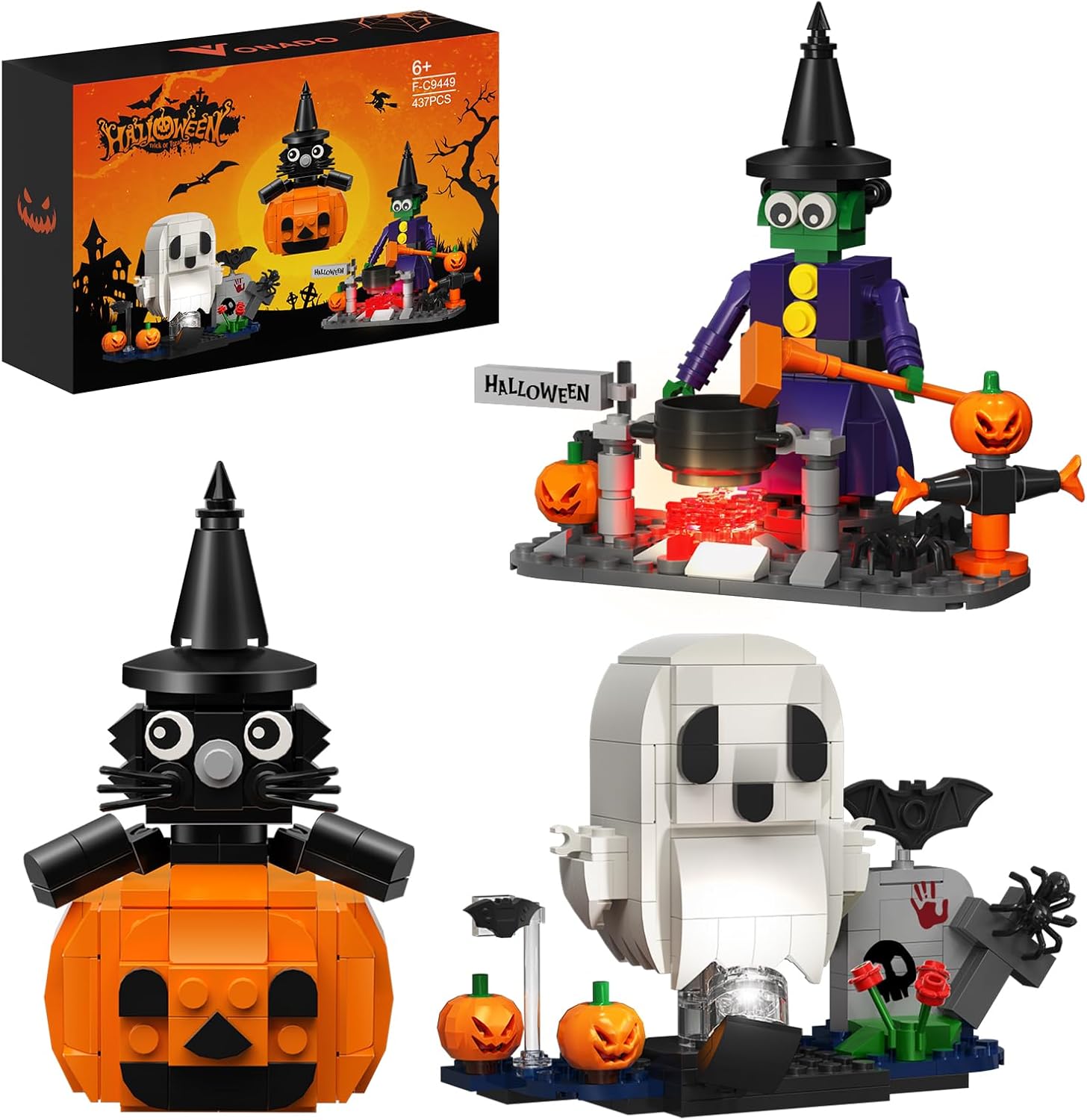 Amazon.com: Halloween Ghosts Witch Cat Pumpkin Building Kit, Compatible ...