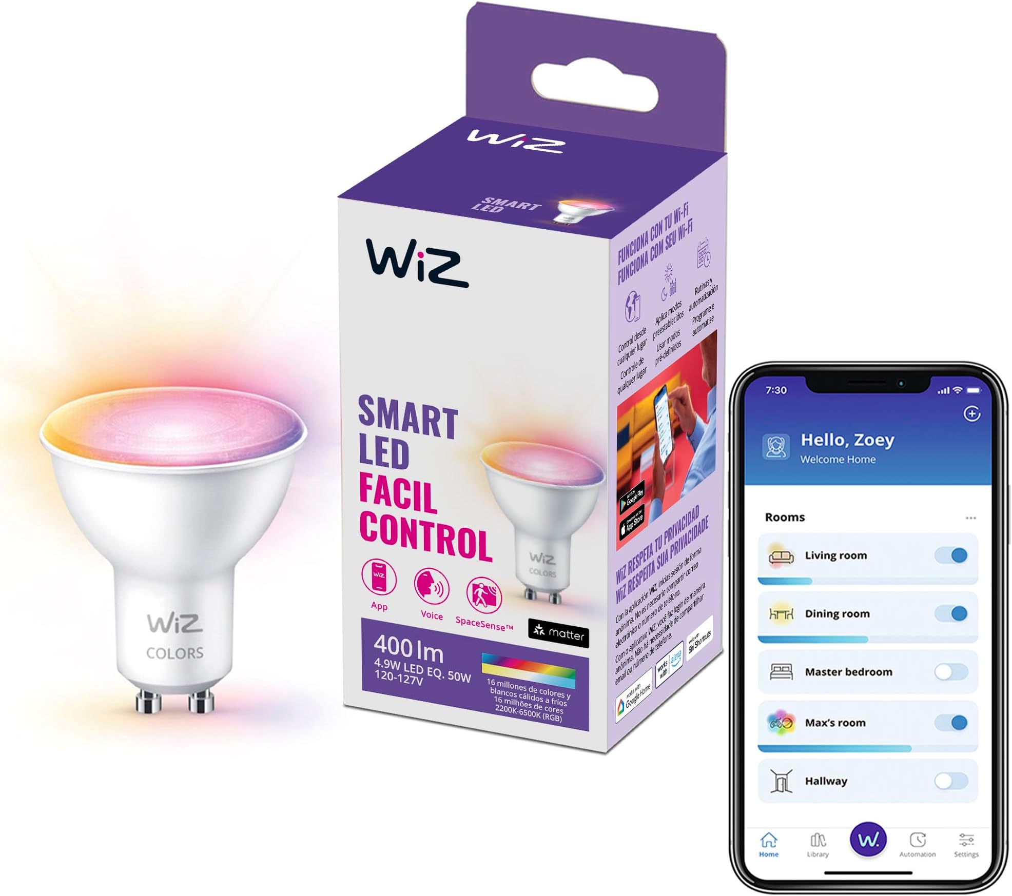 WiZ - foco LED inteligente de 60 W A19 Color - Paquete de 3 - E26 ...