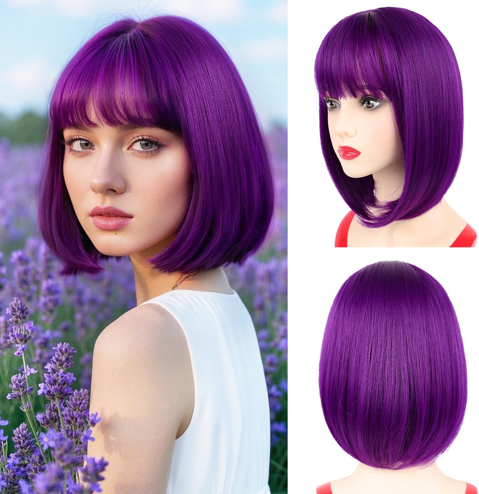 Amazon.com : PHOENIXFLY Short Blue Bob Wig With Bangs -12 Inch Natural ...