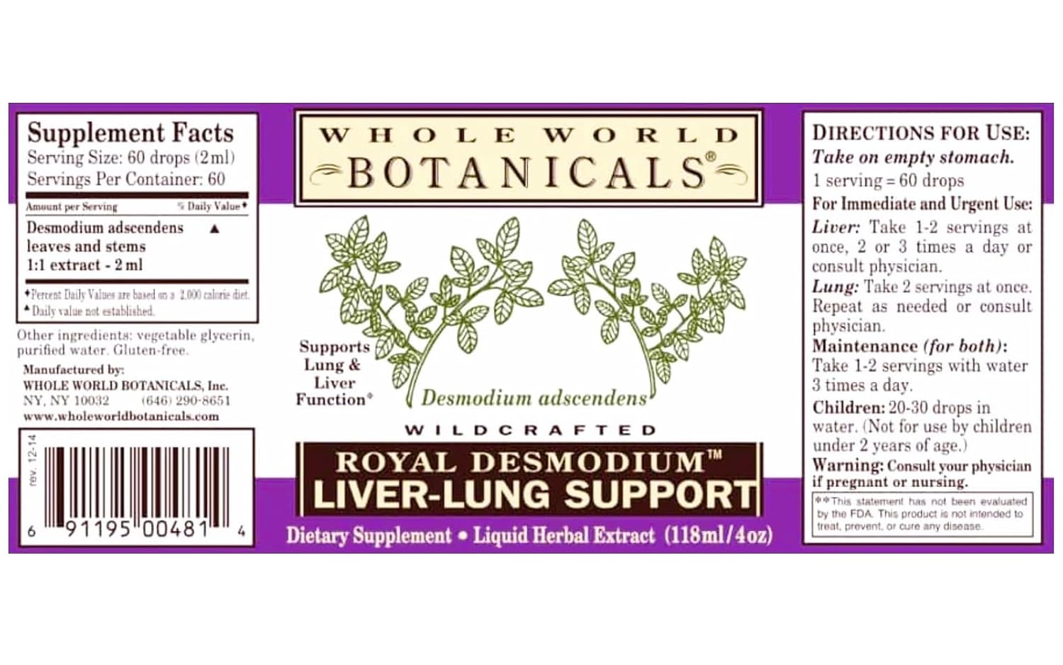 Whole World Botanicals Suplemento para Fígado e Pulmões Royal Desmodium ...