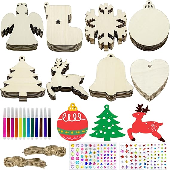 Apragaz 80 Pcs Wooden Christmas Hanging Ornaments, 8 Shapes Unfinished ...