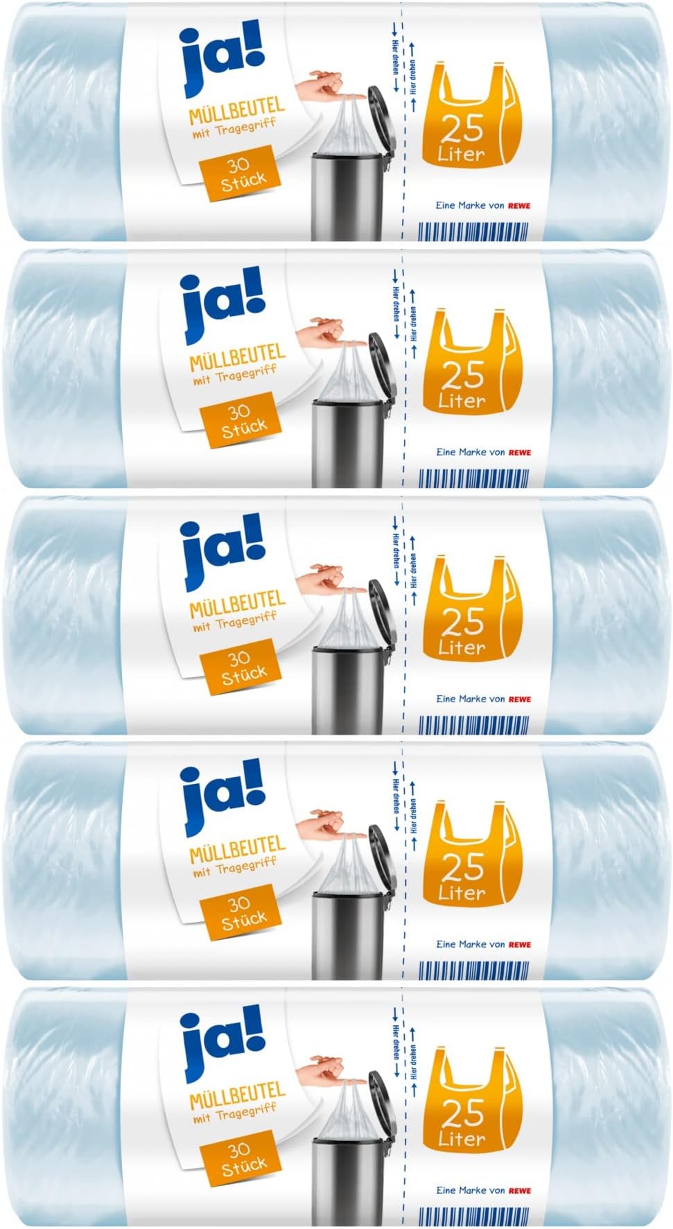 ja! 100 Müllbeutel/Mülltüten mit Tragegriff, 50 Liter, 20 Stück pro ...