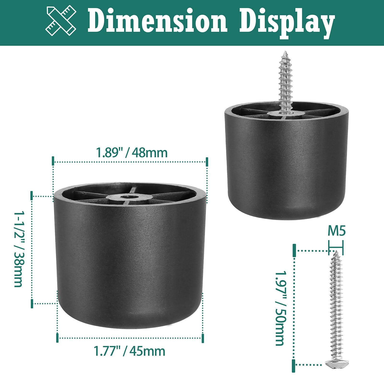 Snapklik.com : 1-1/2 Inch Black Plastic Furniture Legs, Screw-in Couch ...