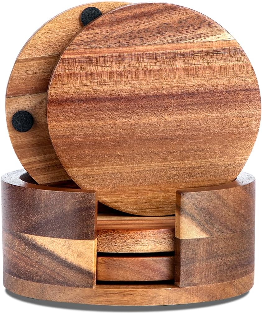Acacia Wood Coasters with Holder - Round Set of 5 Modern Bar Coasters ...