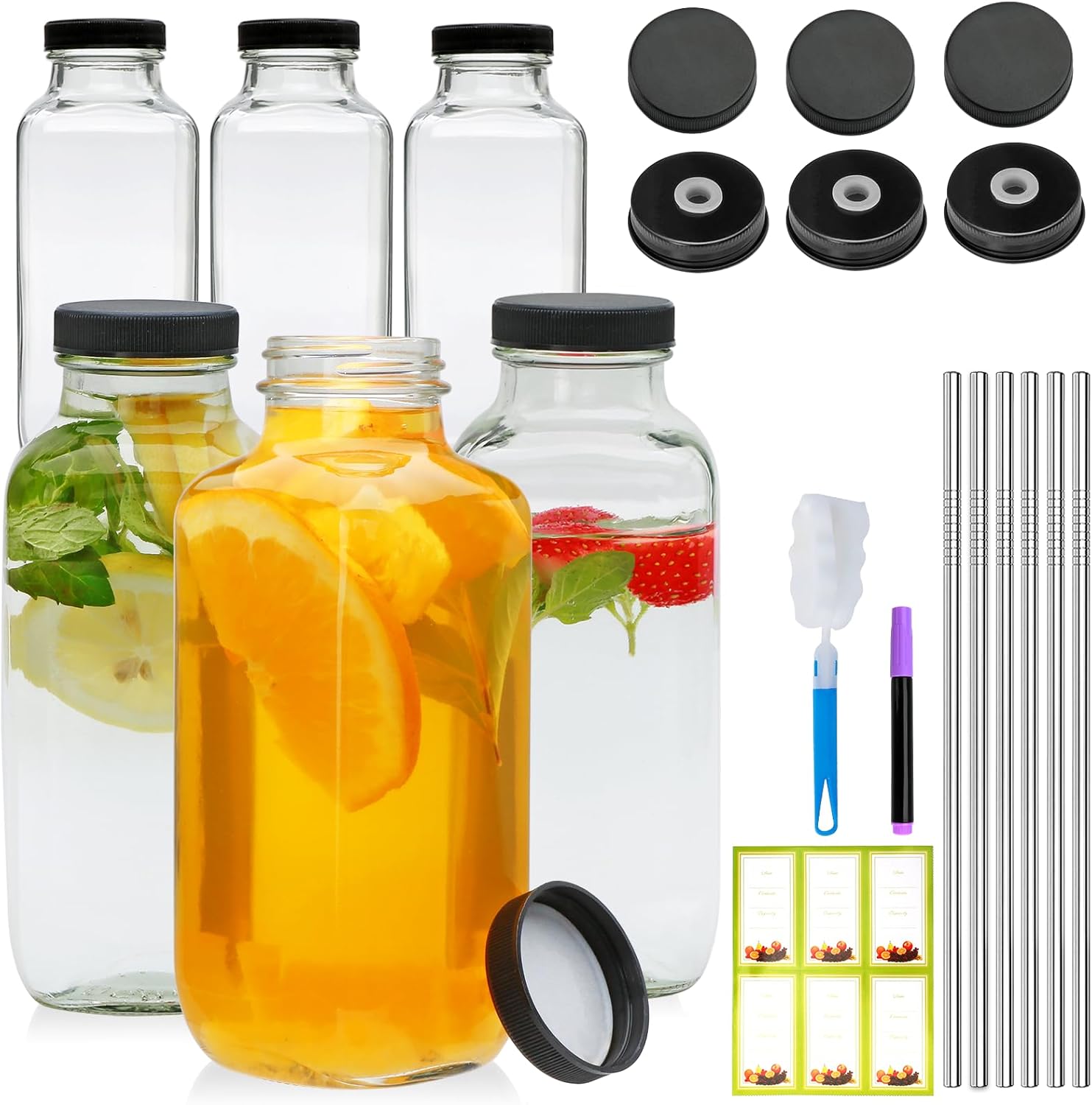 Amazon.com: Maredash 16oz glass bottles with lids,juice bottles gifts ...