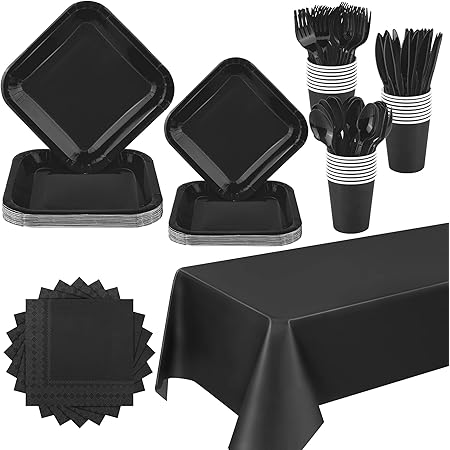 Amazon.com: FULING 175 PCS Black Party Supplies Disposable Dinnerware ...