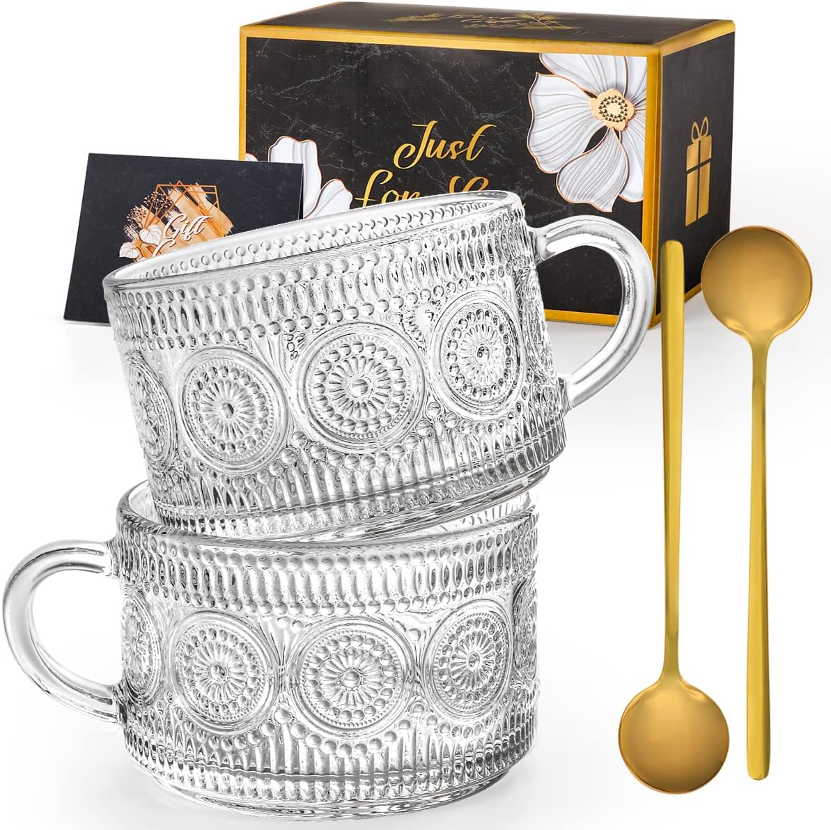 Vintage Glass Coffee Mugs Set of 4, Glass Cups with Spoons - 14oz Clear ...