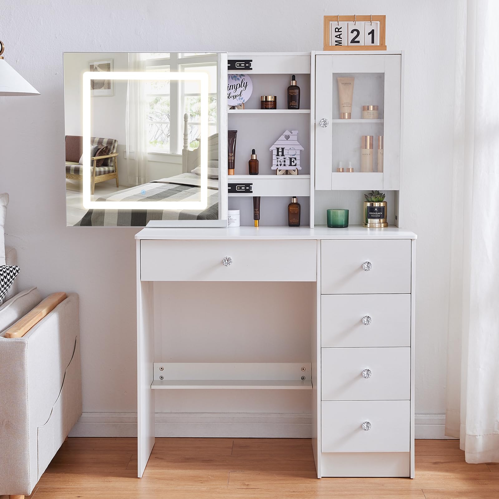 Buildonely Dressing Table with LED Lights, Vanity Table with Adjustable ...