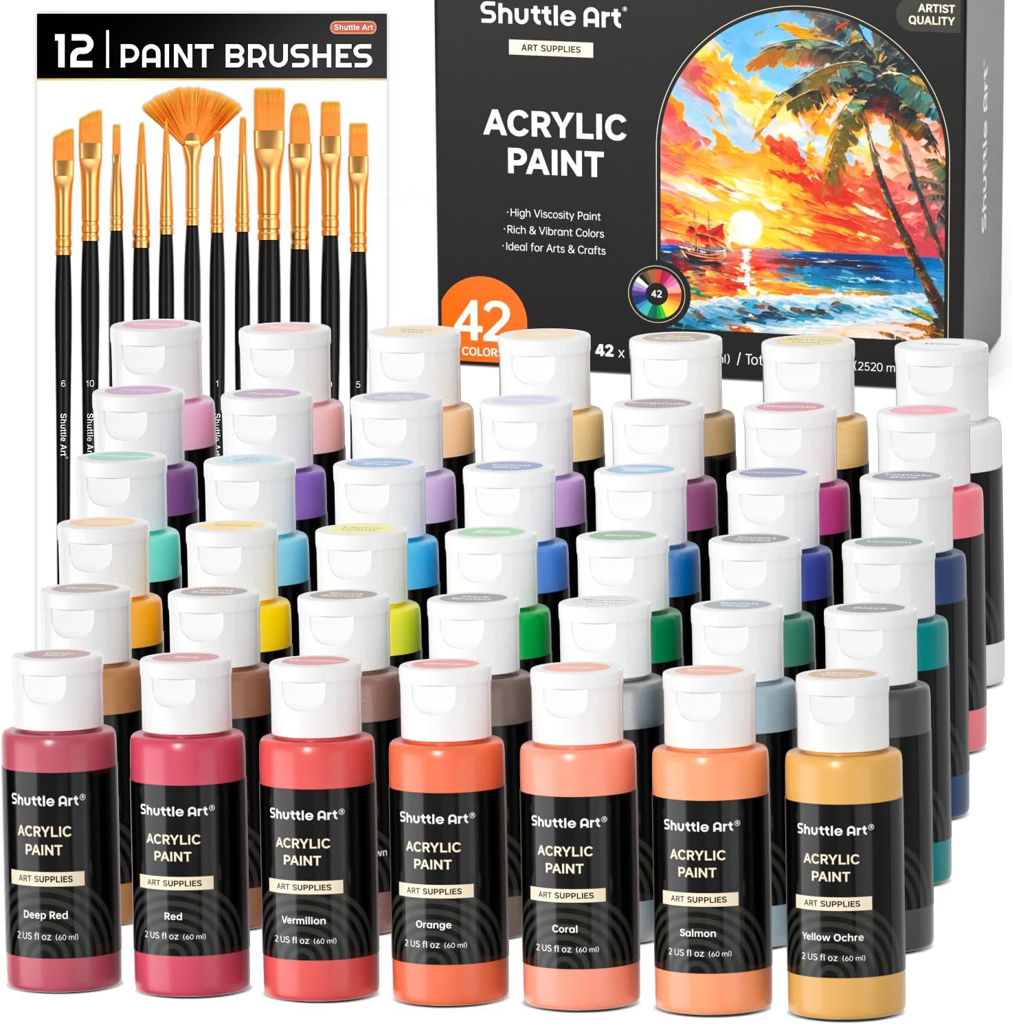 Shuttle Art Acrylic Paint, 42 Colors Acrylic Paint Set with 12 Paint ...