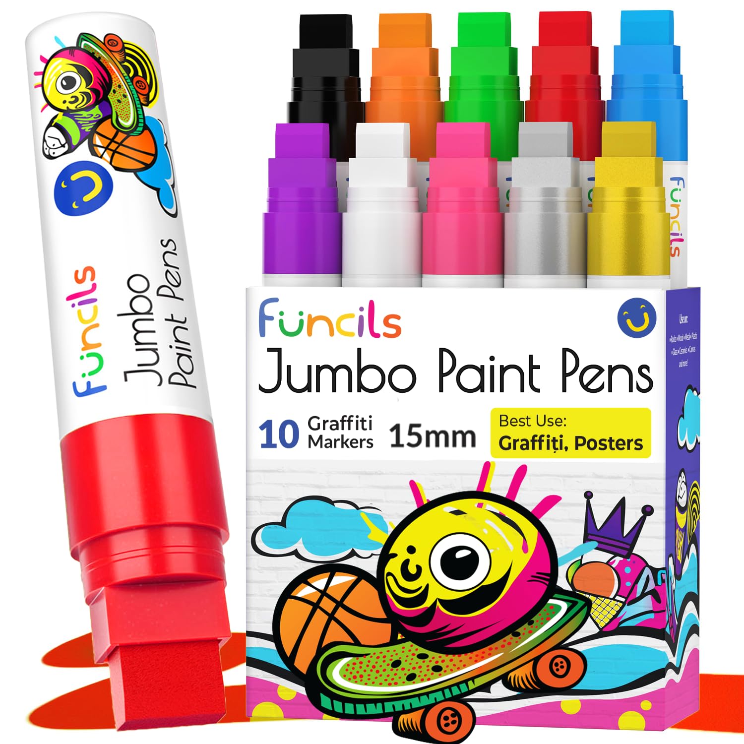 Funcils 10 Jumbo Acrylic Paint Markers - 15mm Acrylic Paint Pens for ...
