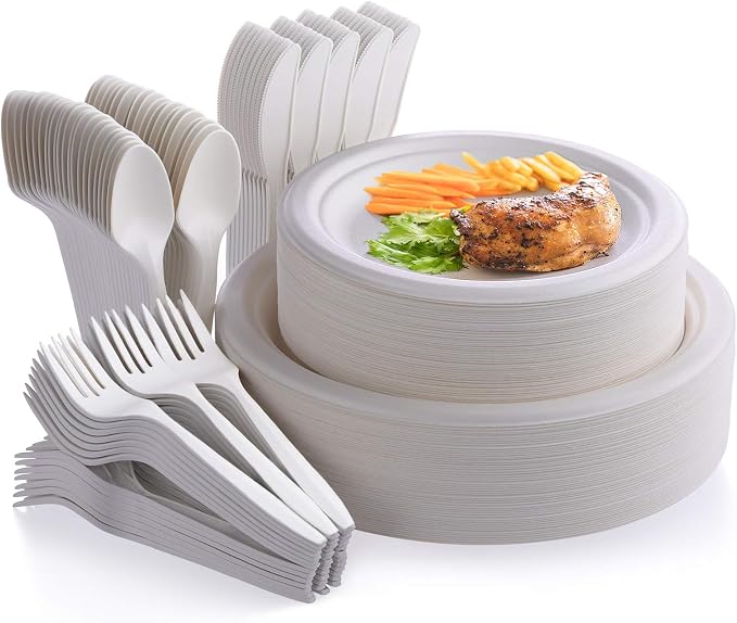 Amazon.com: Fuyit 250Pcs Compostable Paper Plates with Cutlery Set ...