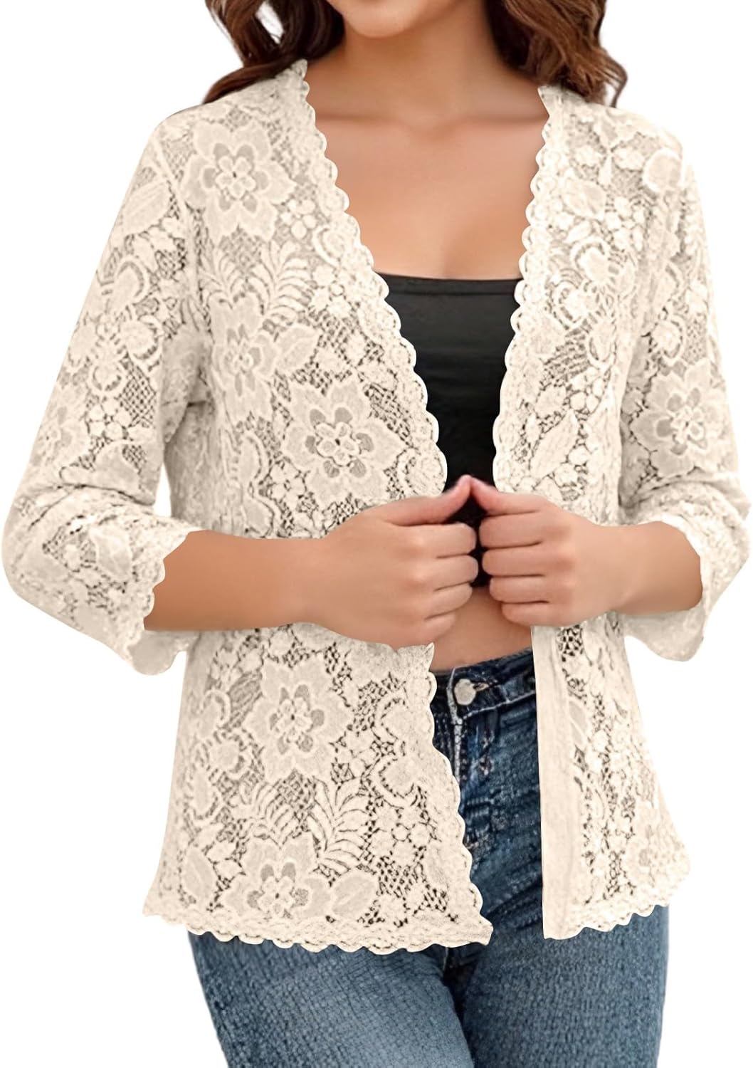 Shrugs for Women Fashion 3/4 Length Sleeve Lightweight Lace Open Front ...