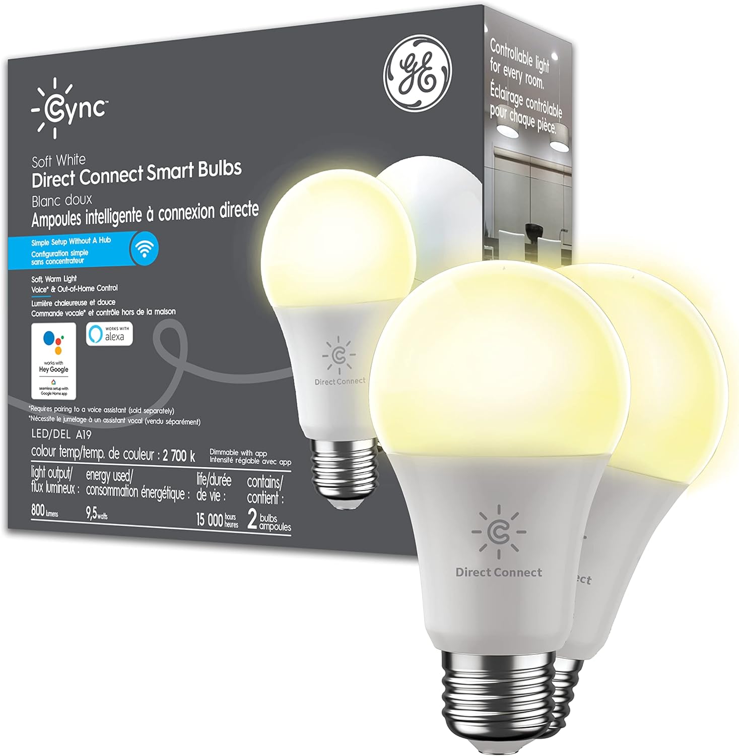 GE Cync Soft White Direct Connect Smart Bulbs (2 LED A19 Light Bulbs ...