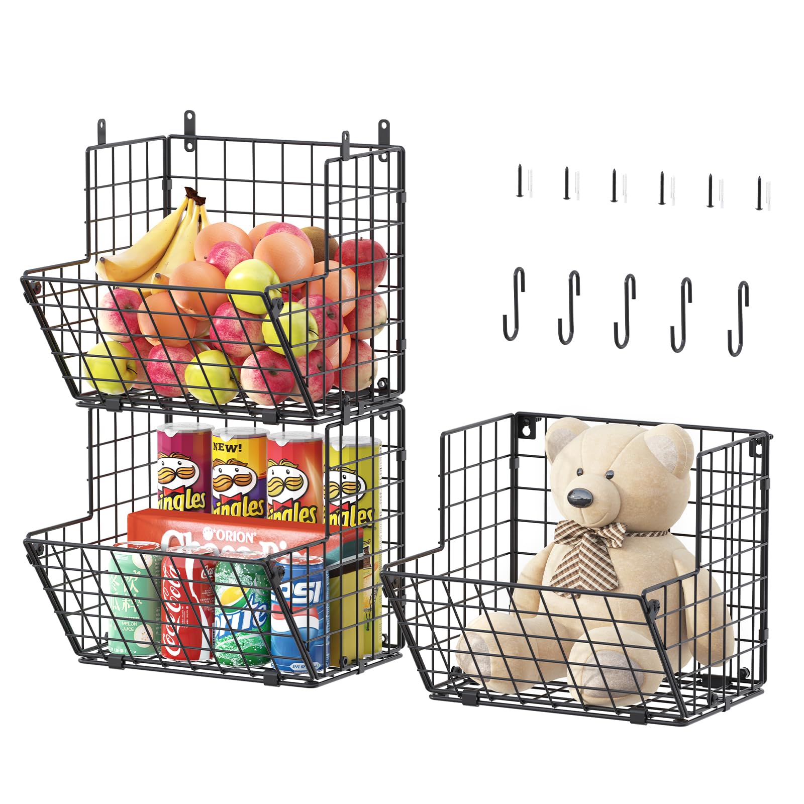 Snapklik.com : X-cosrack Metal Wire Basket Wall Mount, 3 Tier Wall ...