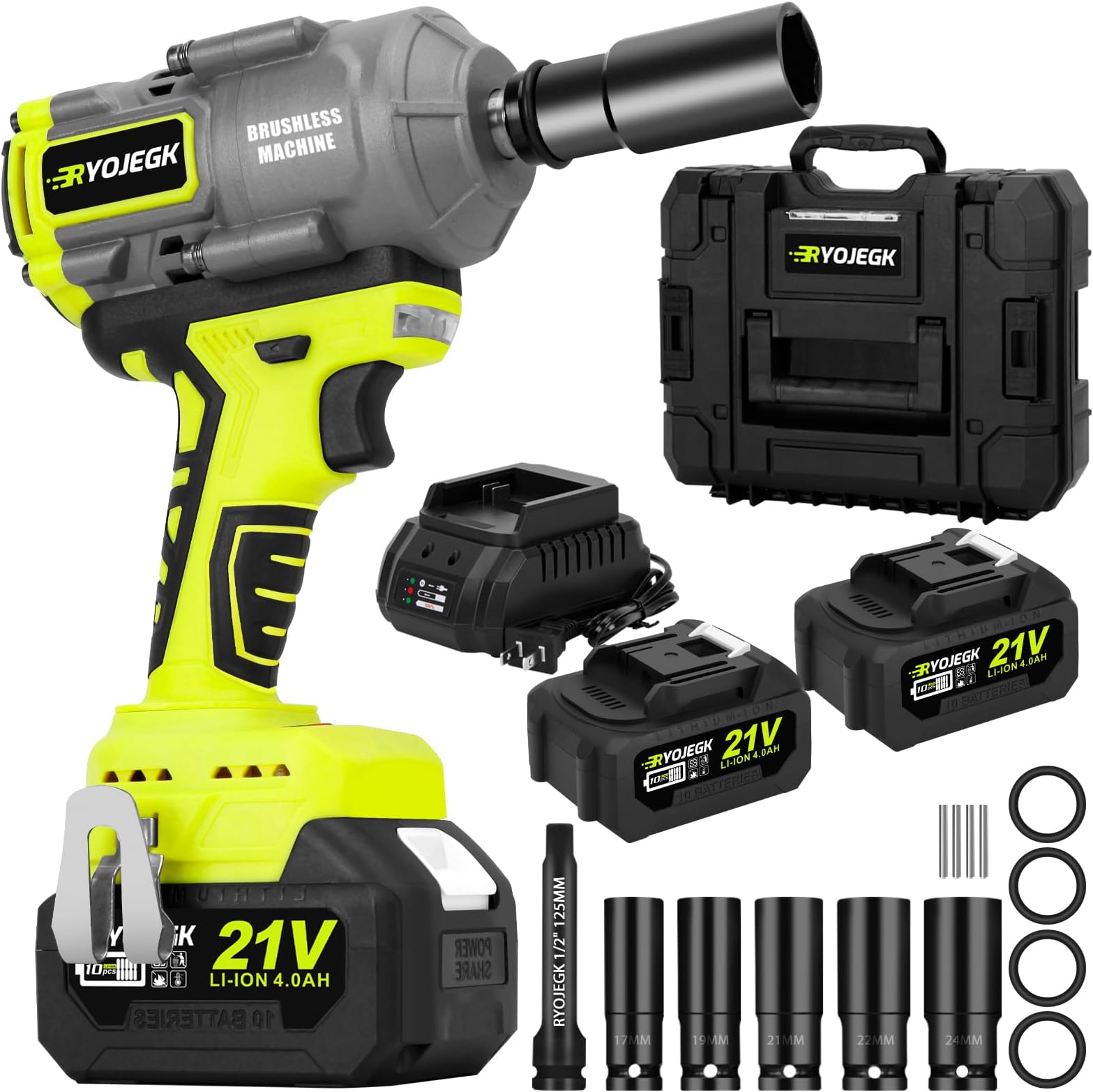 Excited Work 21v Brushless 1/2 Inch Impact Wrench Kit, 600Nm Brushless ...