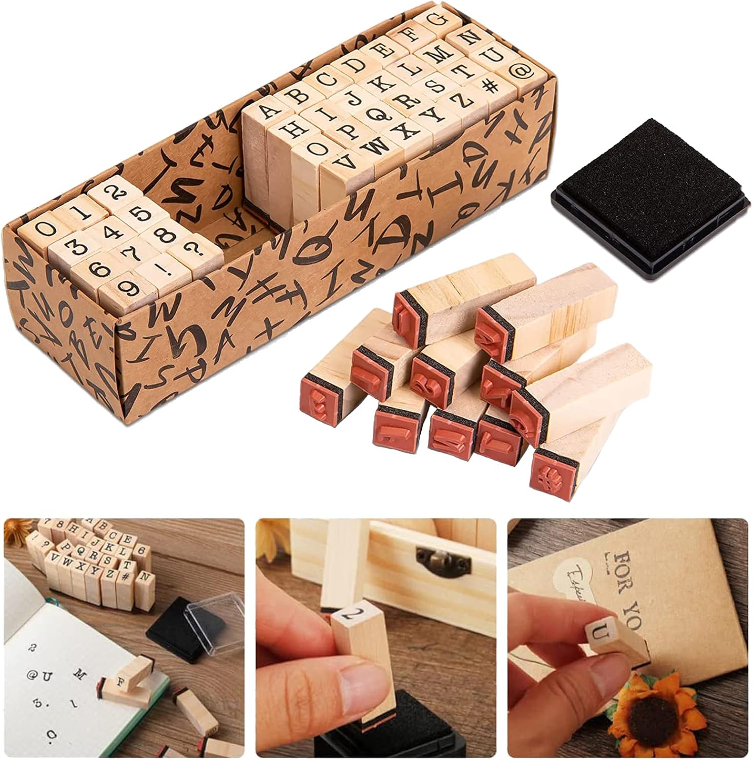 40 Pieces Wooden Rubber Stamps Kit Letter Stamp Set Ink Letter Stamp ...