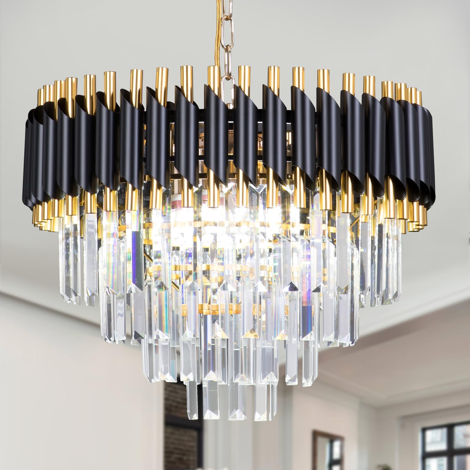 FRIXCHUR 20" Modern Crystal Chandelier 4 Tiers Black and Gold ...