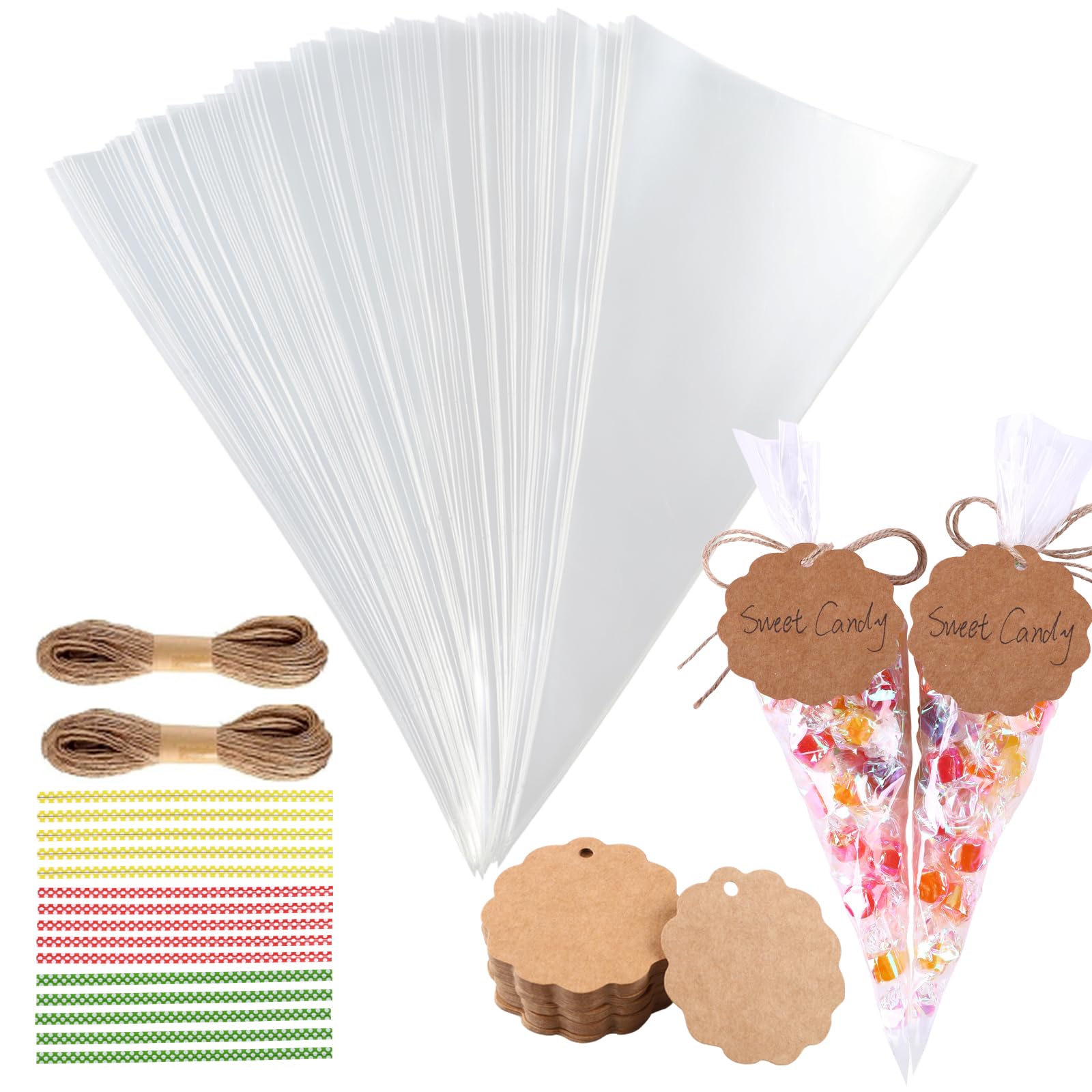 JOISHOP 120PCS Sweet Cone Bags,13 * 25cm Triangle Clear Cellophane Cone ...