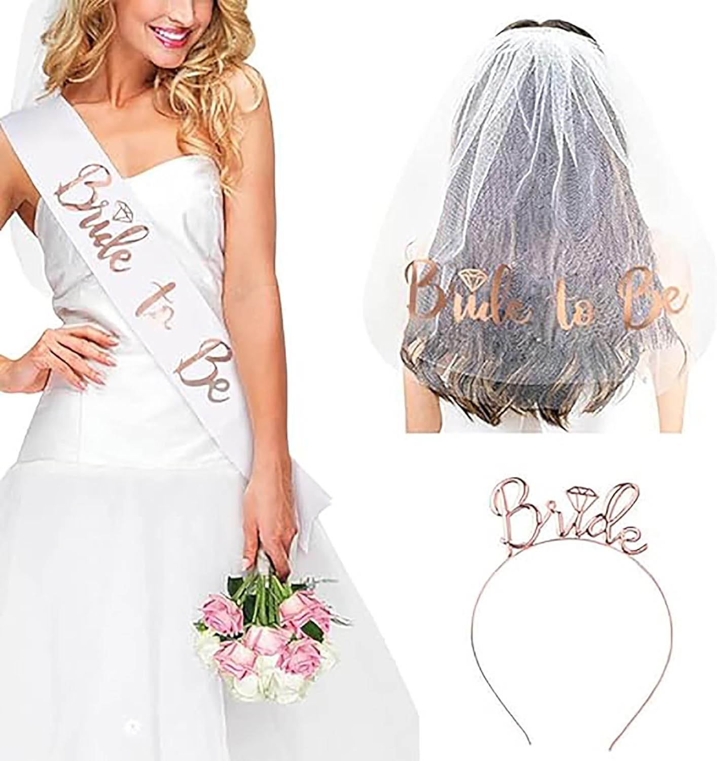 Amazon.com: Bride to Be Set, 3pack Bride to Be Sash & Headband Tiara ...
