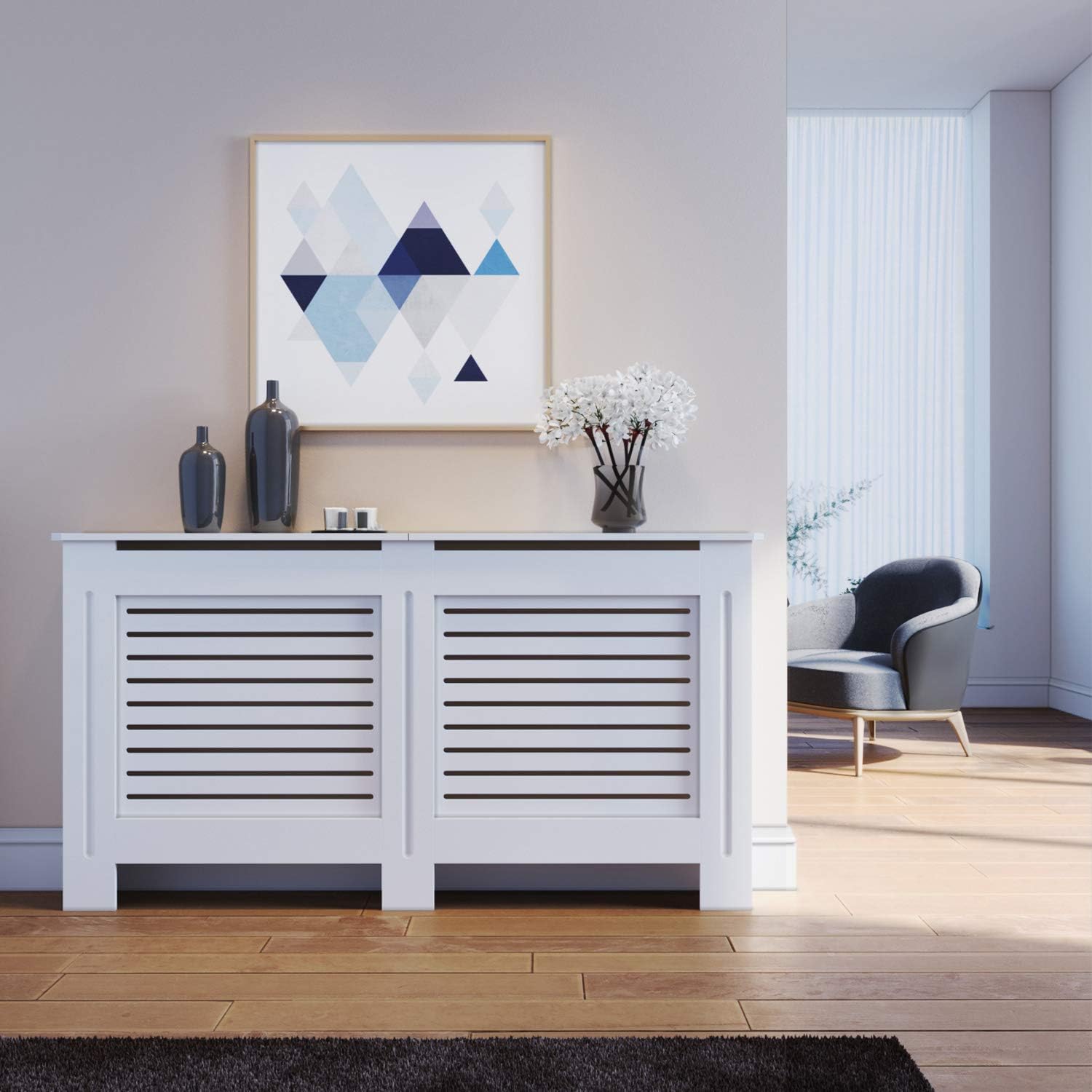 ELEGANT Radiator Cover Large Modern Horizontal Slat White Painted ...