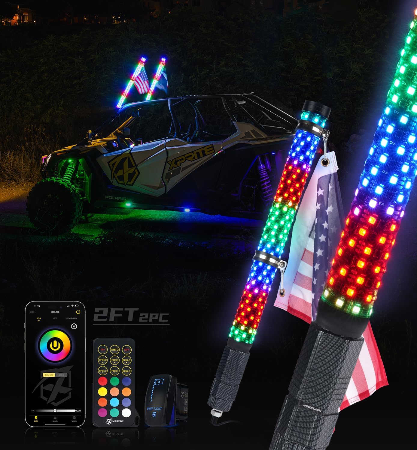 Amazon.com: BraveWAY 3FT Fat Whip Lights Thick Antenna with Bluetooth&Remote Control, 2pcs High ...