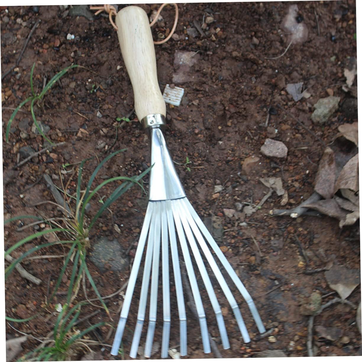 GANAZONO Nine-Tooth Rake with Wooden Handle Garden Rake Tools Grass ...