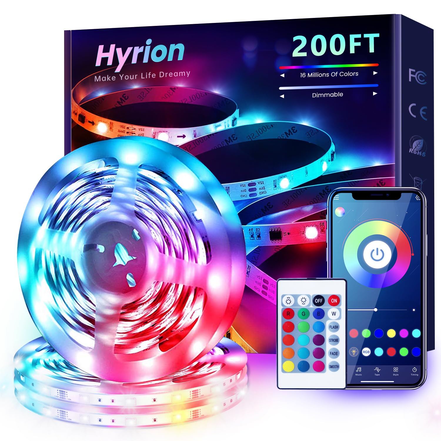 Amazon.com: hyrion 200ft Led Strip Lights(3 roll of 65.6ft) Music Sync ...