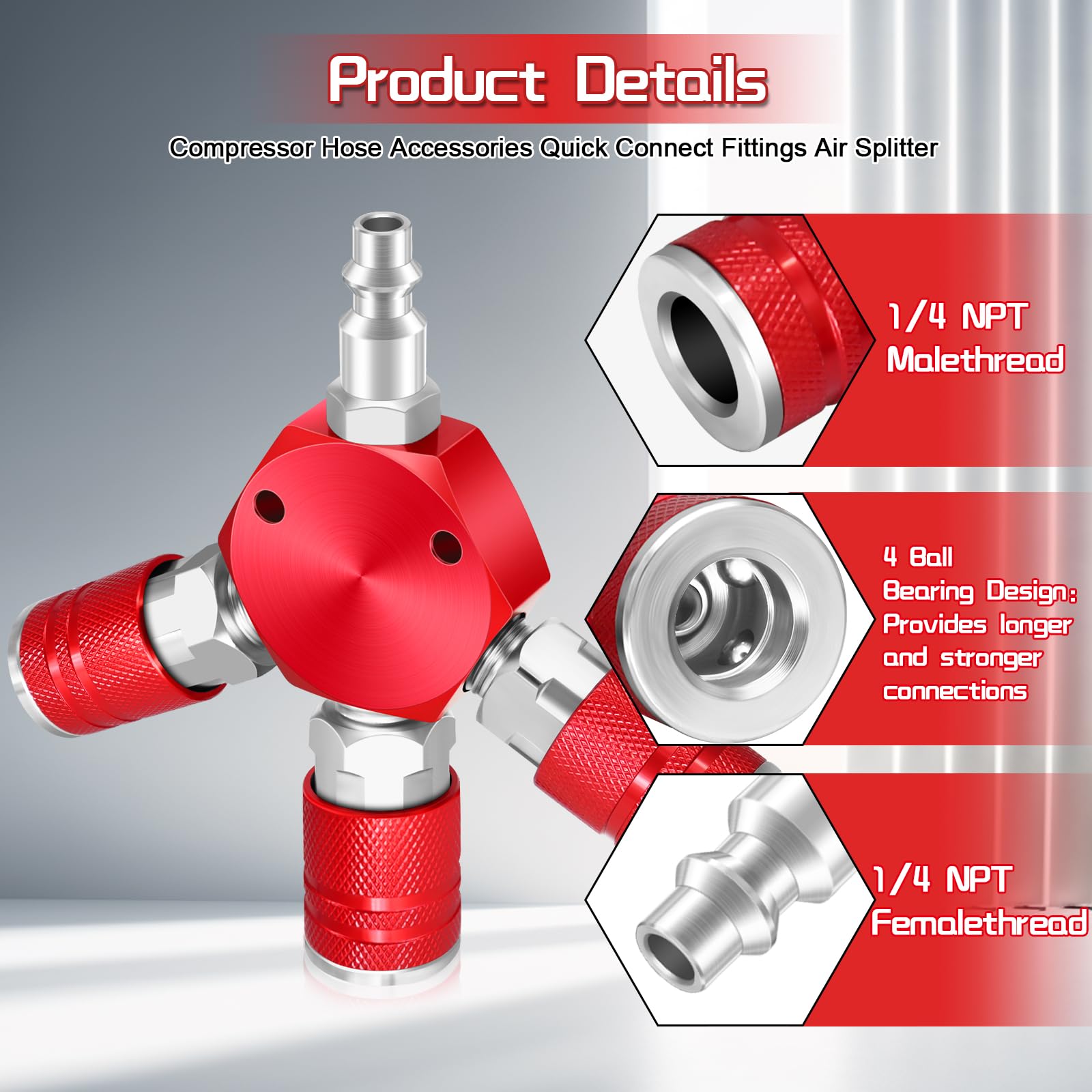 Snapklik.com : 3 Way Air Hose Splitter,Red Air Manifold,Air Compressor ...