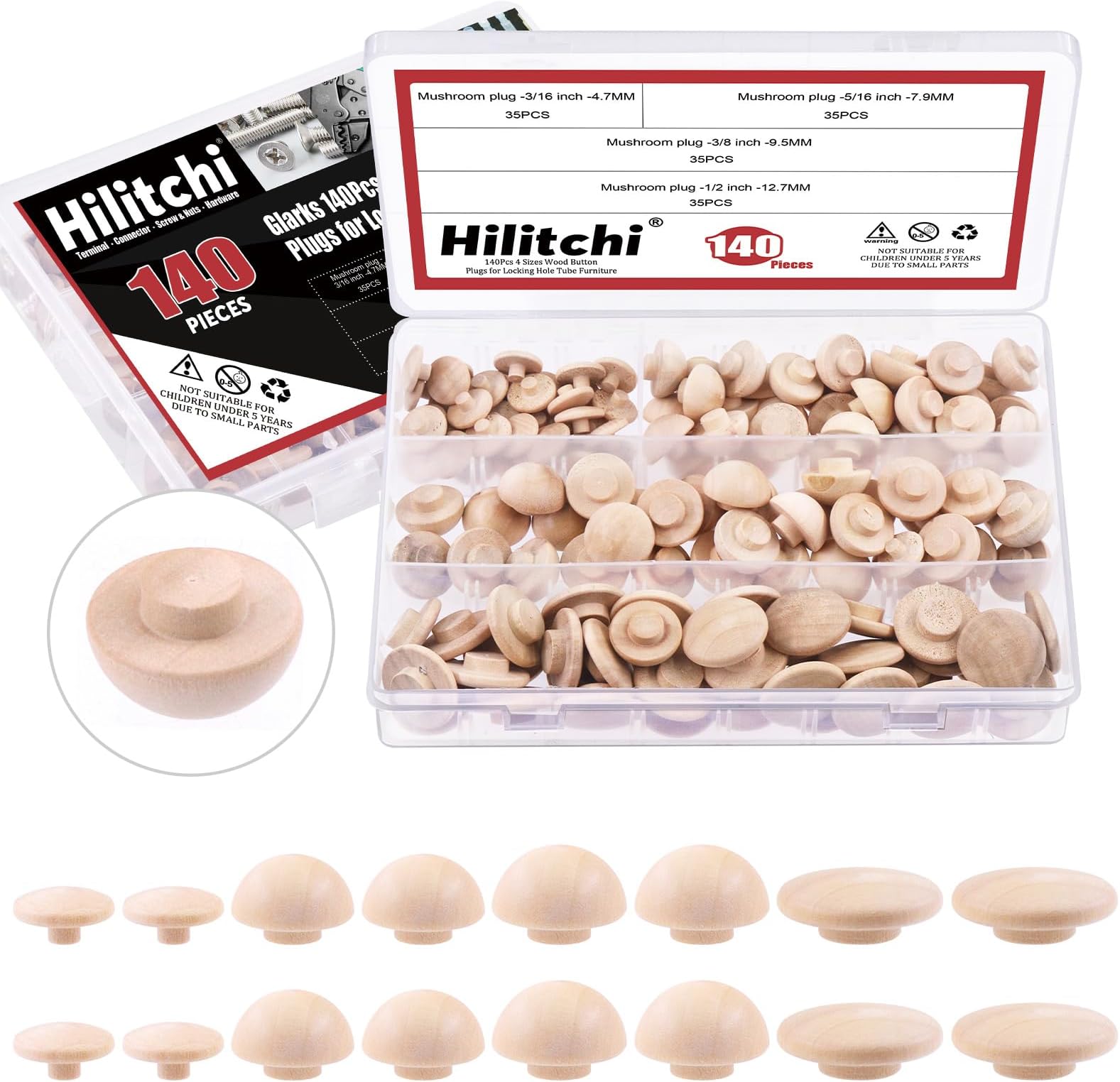 Amazon.com: Swpeet 140Pcs Approx 3/16", 5/16", 3/8", 1/2" Wooden Hole ...