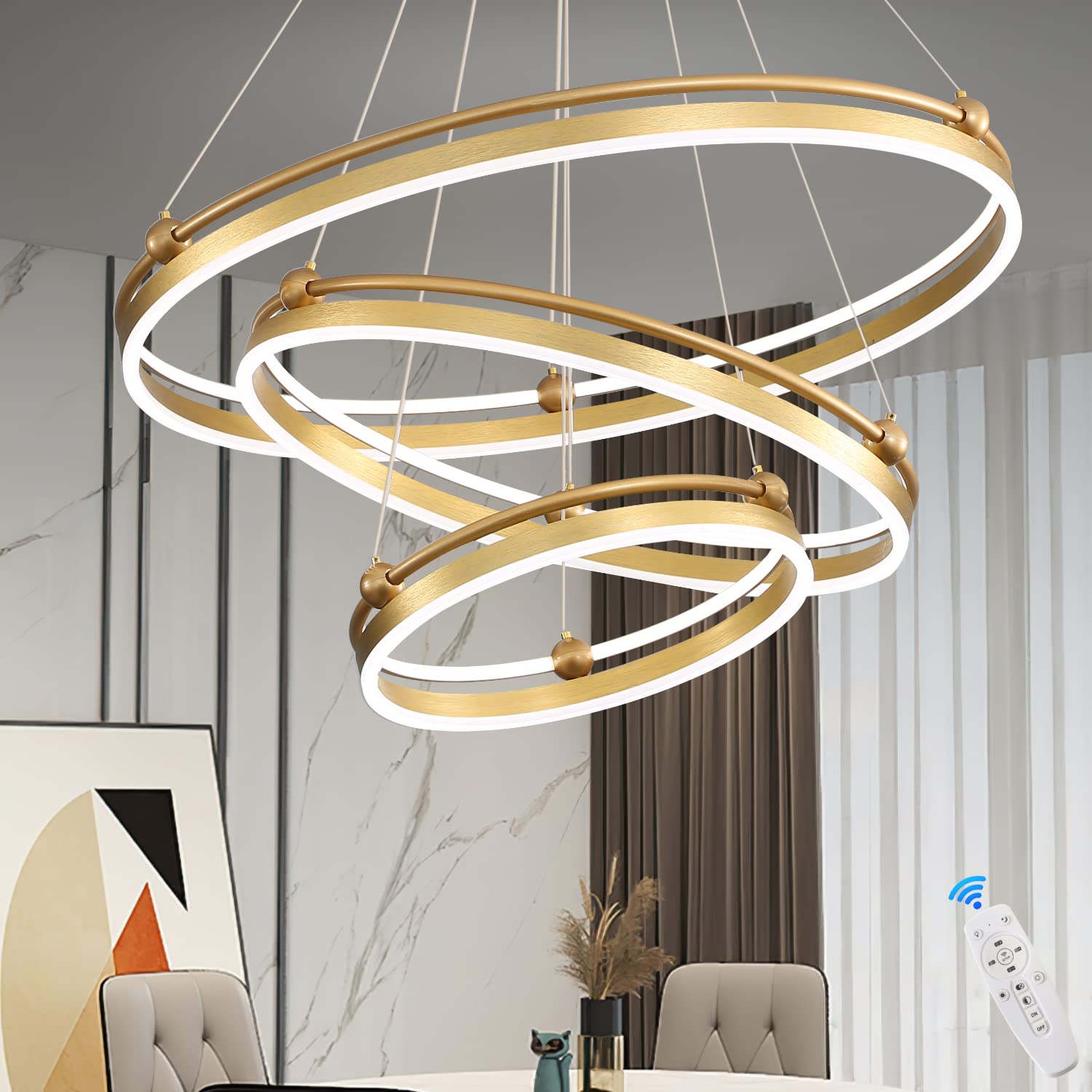 XLZWJLQ 3-Rings D31.5’’ Modern LED Chandelier Gold Dimmable Pendant ...