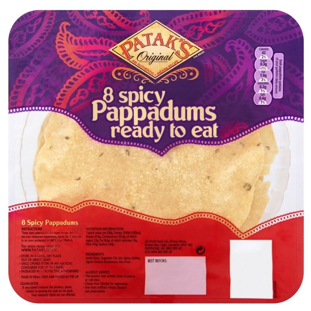 Amazon.com: Patak's Spicy Ready to Eat Pappadums (8 per pack - 60g)
