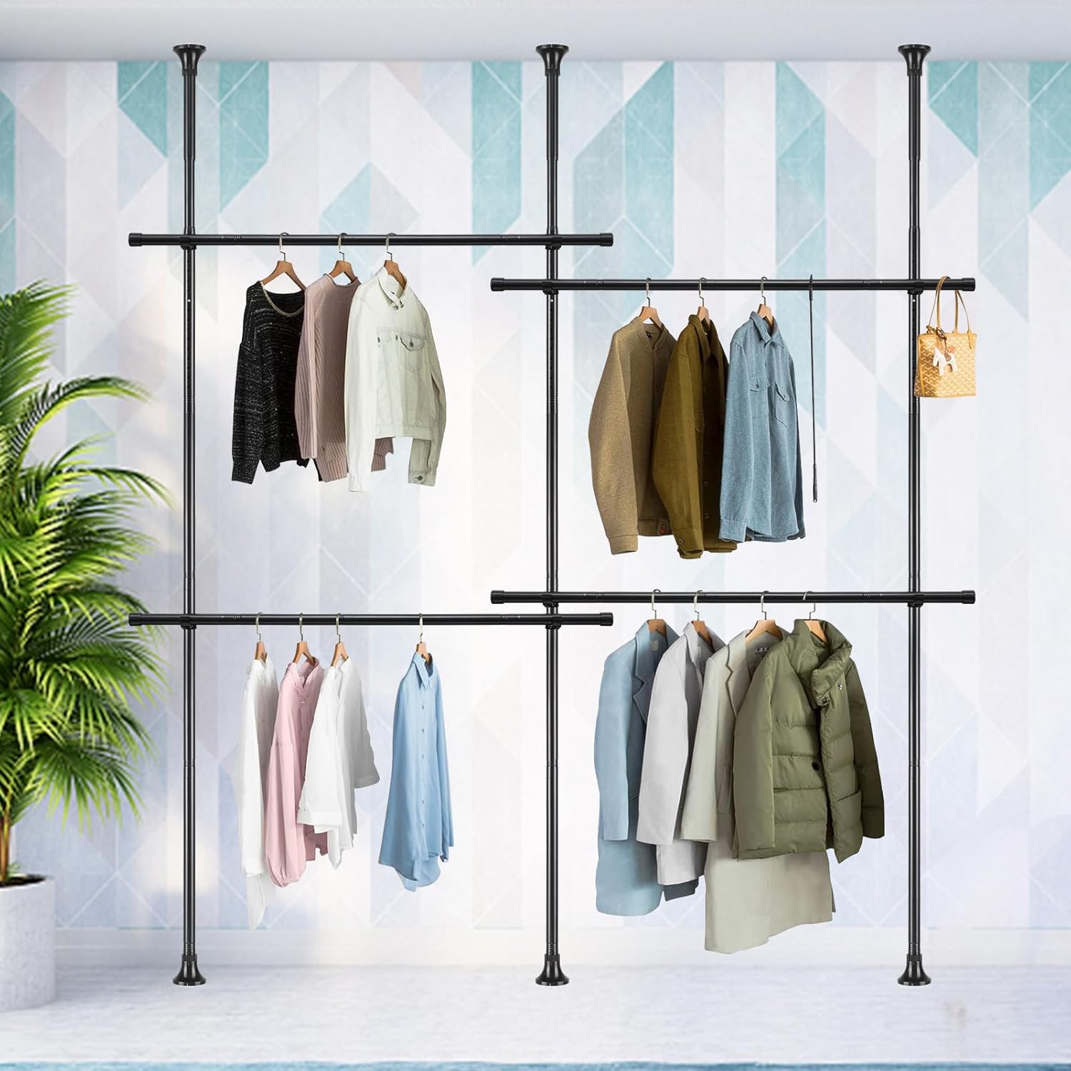 Amazon.com: HOSKO Double Floor to Ceiling Clothes Rack, Double 2-Tier ...