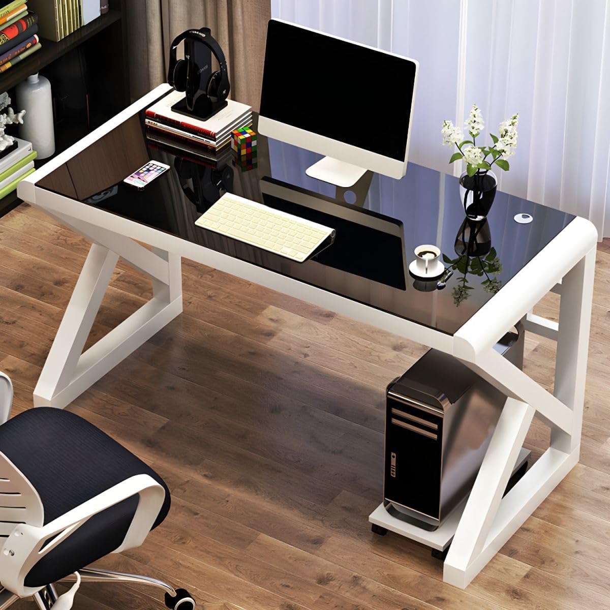 Amazon.com: KWOKING Glass Top Computer Desk Office Desk with Metal Legs ...