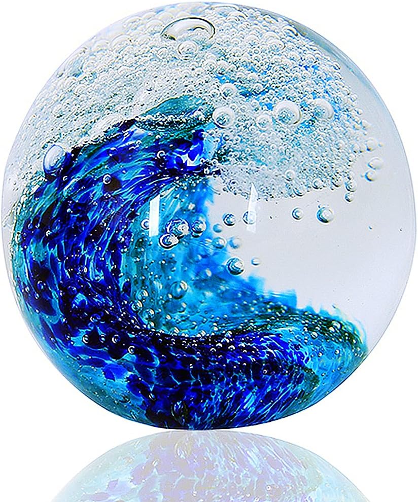 EUSTUMA Hand Blown Glass Figurines Ball Ocean Waves,Office Paperweight Glass for Desk,Home Decor ...