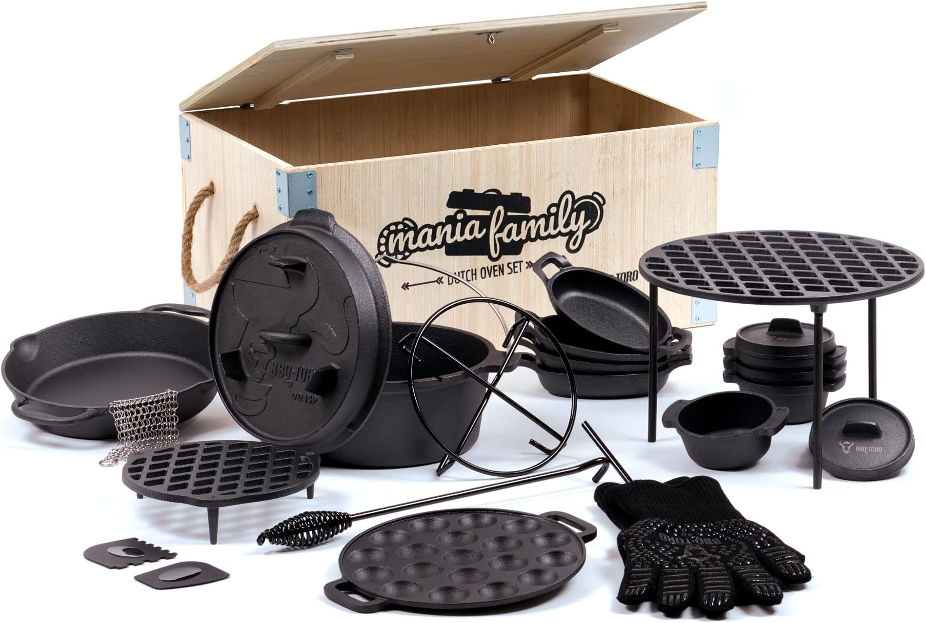 BBQ-Toro Set de Dutch Oven et boîte en bois | En fonte, déjà brûlée (7 ...