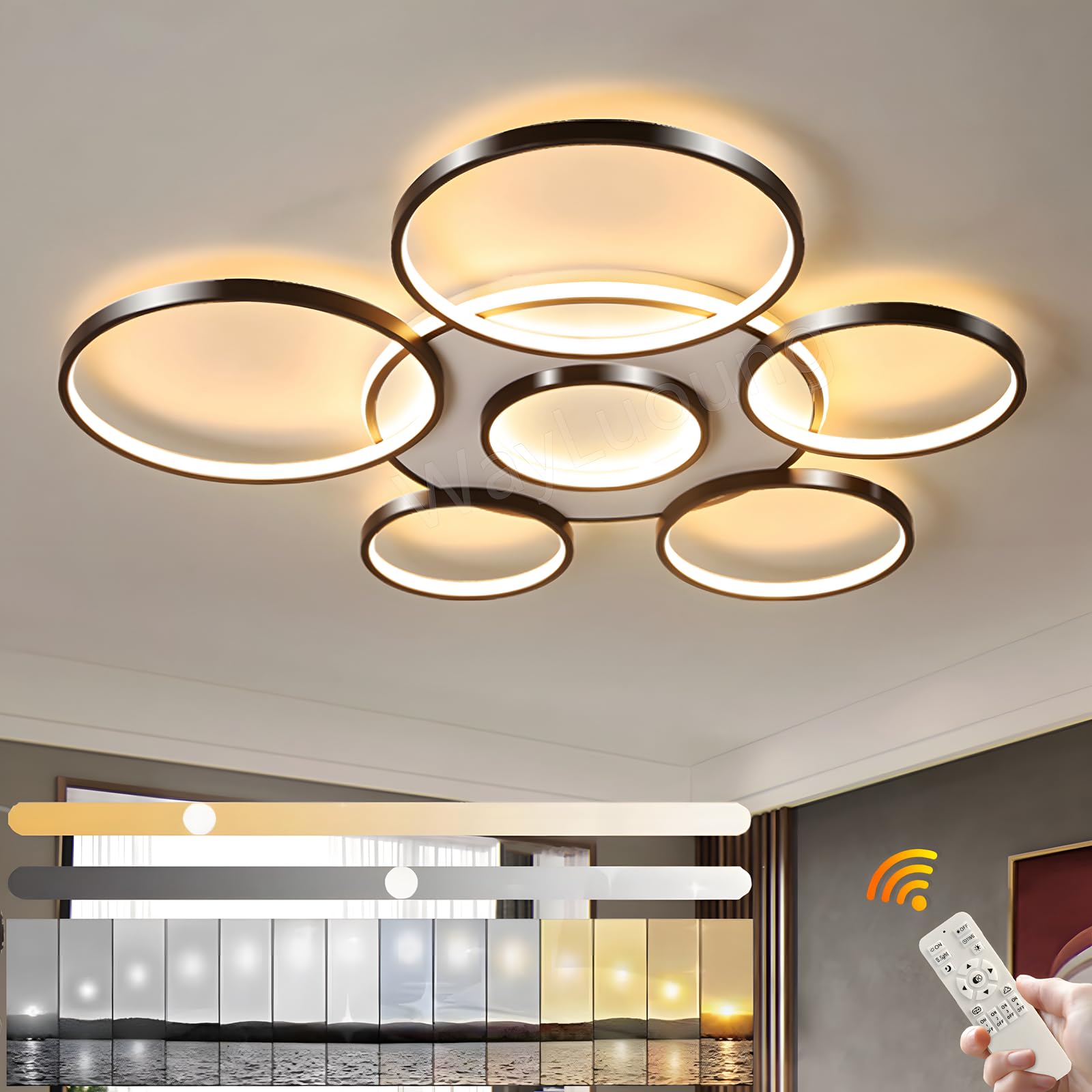 LED Deckenleuchte | Moderne 7-Ringe Wohnzimmer Deckenleuchte | Schwarz Runder Kreis 120W/Ø110cm ...